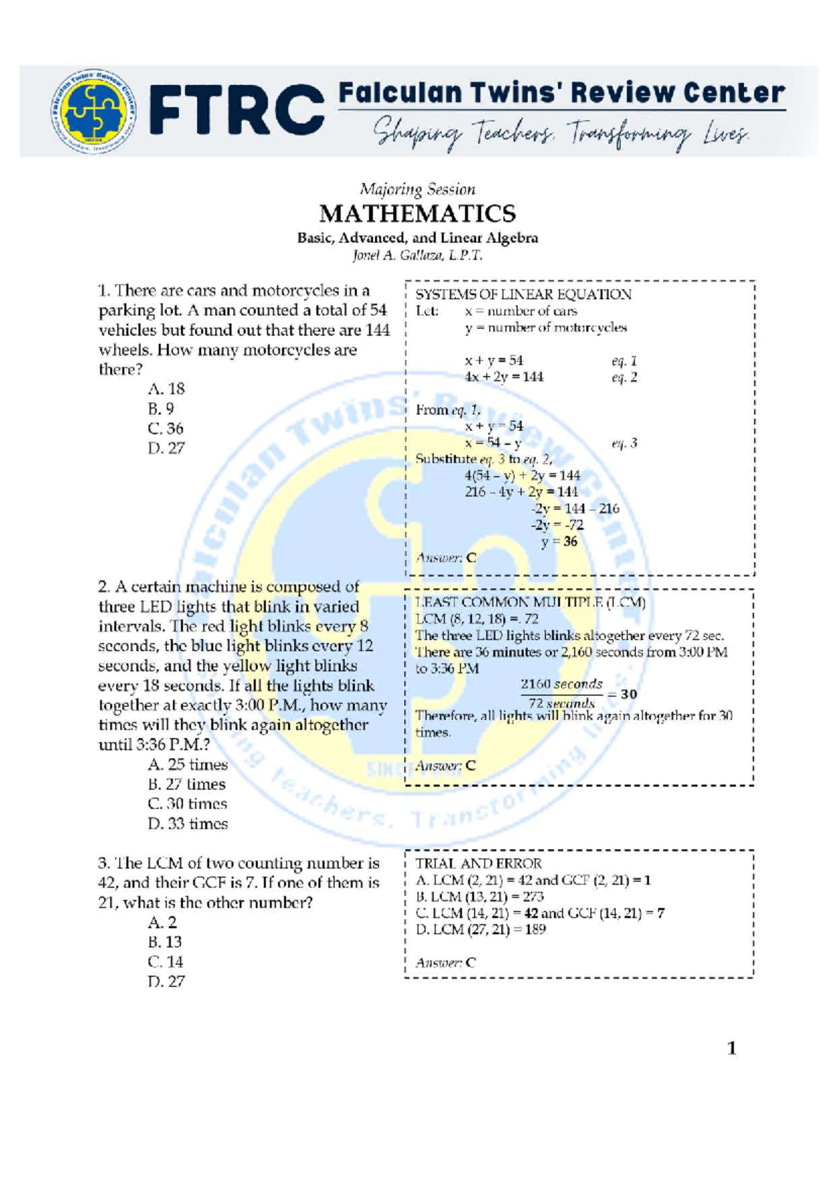 Board Exam Items Discussion - Twins Review DEPARTMENT FTRC Falculan ...