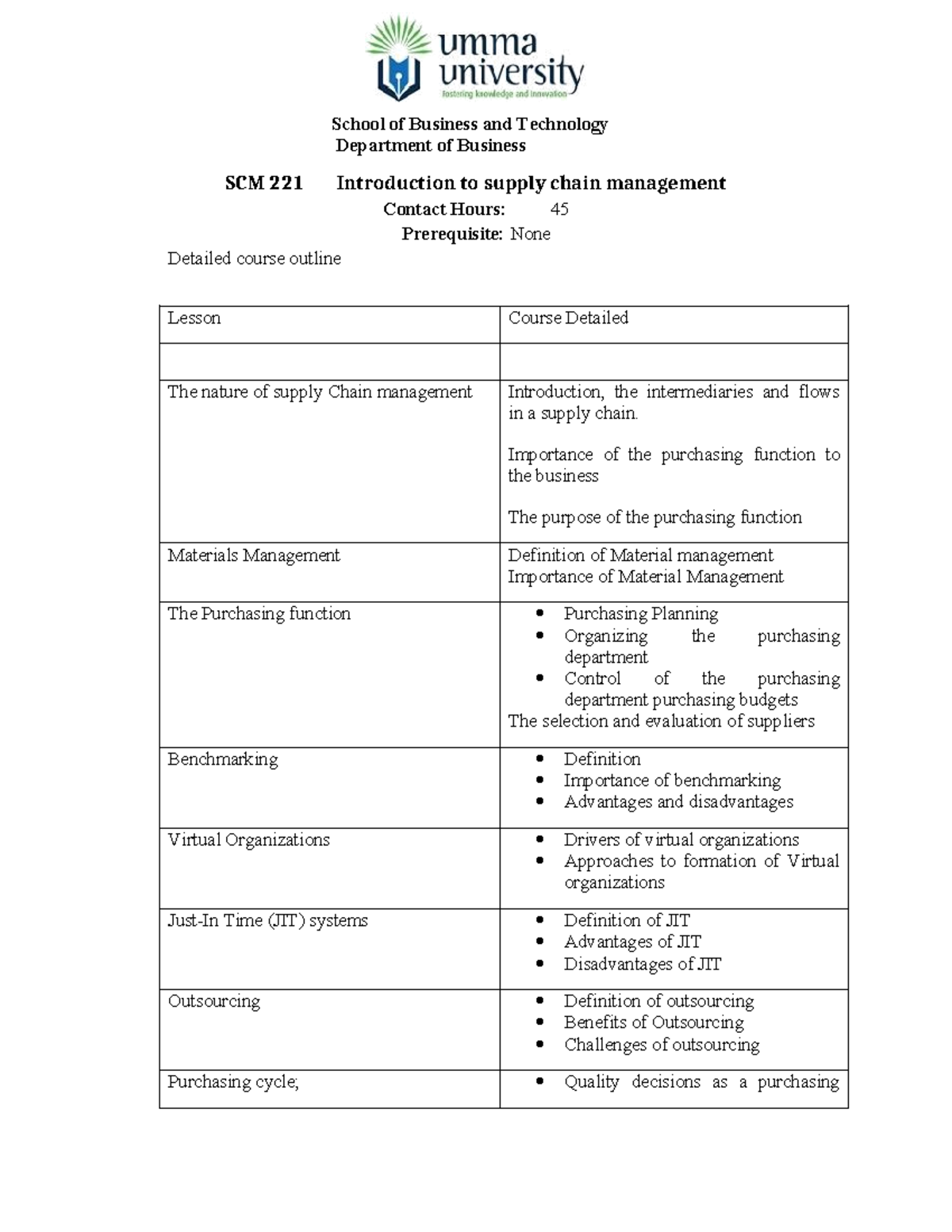 Introduction to supply chain course outline - School of Business and ...