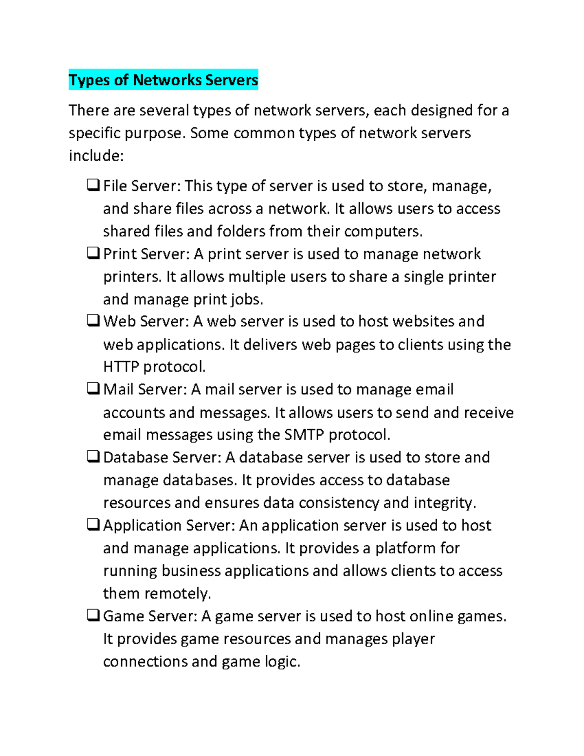 11.4 (26) - Tyler - Types of Networks Servers There are several types ...