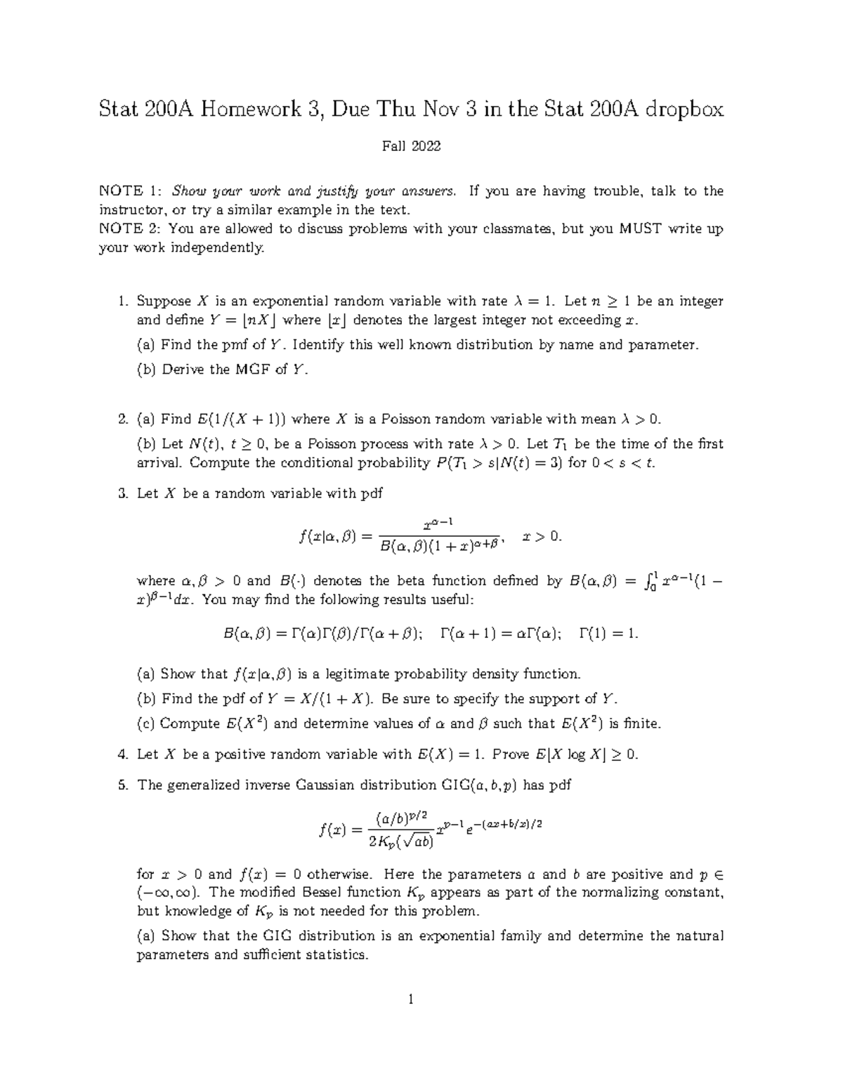 Hw3 200A 2022 - homeworks - Stat 200A Homework 3, Due Thu Nov 3 in the Stat 200A dropbox Fall ...