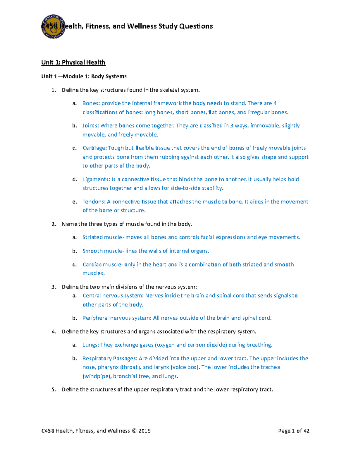 C458 study questions all Modules - Unit 1: Physical Health Unit 1 ...