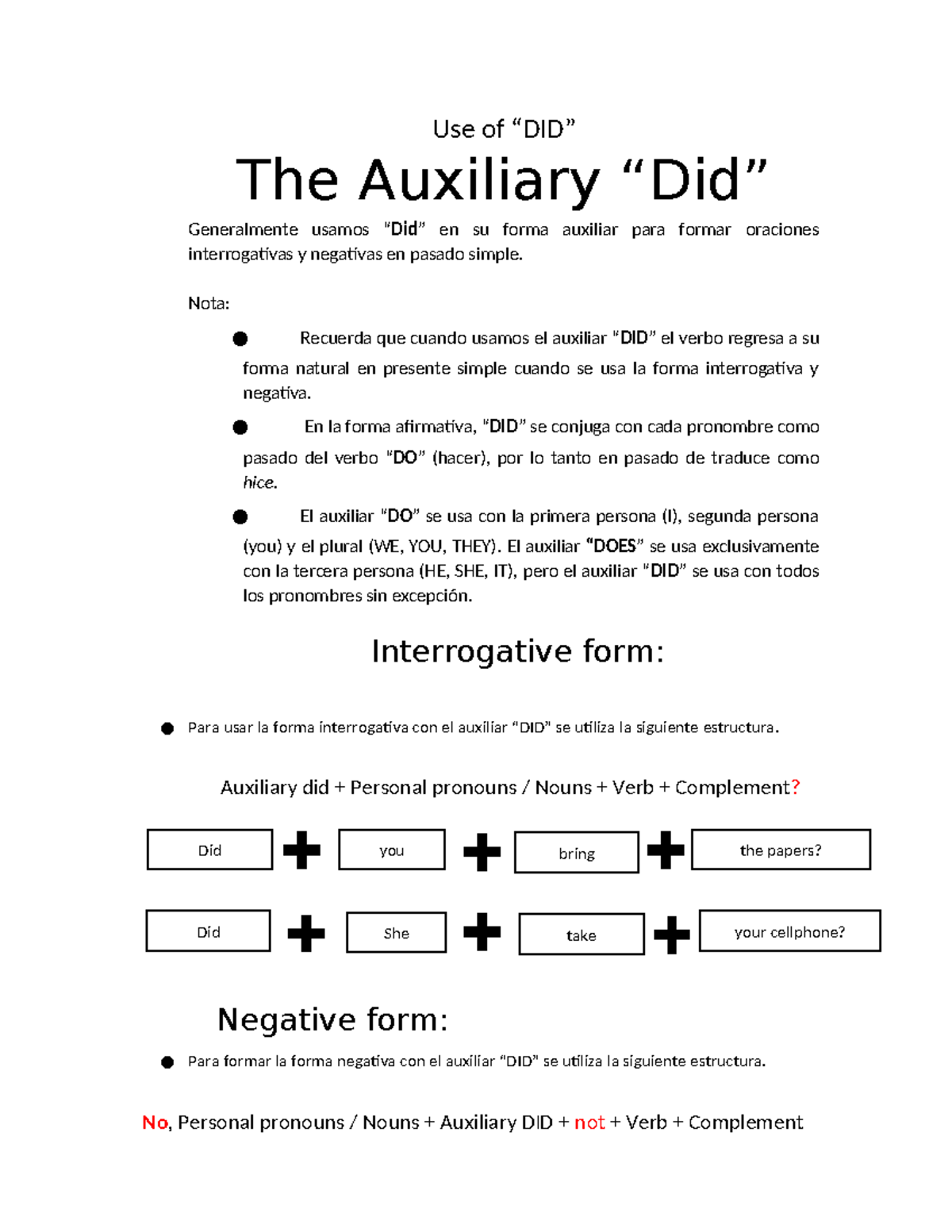 02 Use of did - hola - Use of “DID” The Auxiliary “Did” Generalmente ...