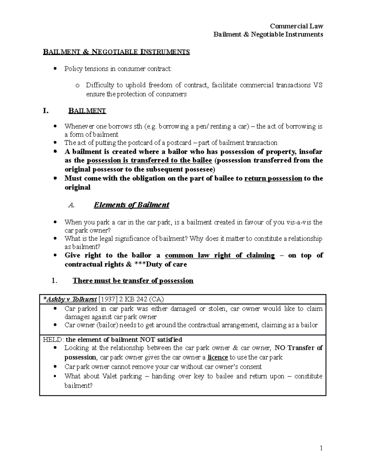 Commerical Law - Bailment, Negotiable Instruments - Commercial Law ...
