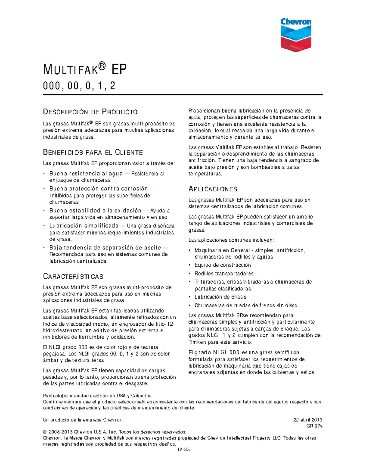 Ficha tecnica grasa Multifak EP 2 - Producto(s) manufacturado(s) en USA ...