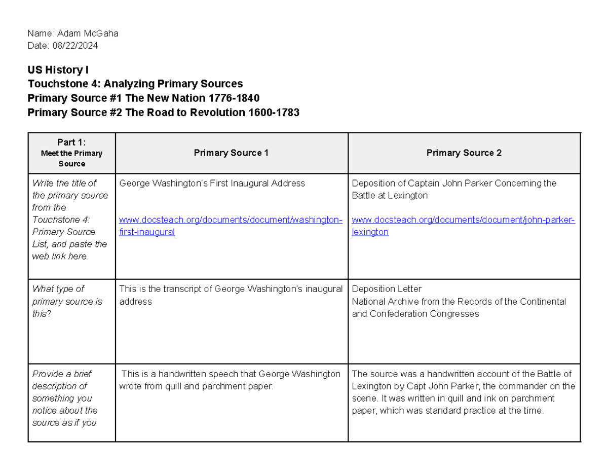 US History I Touchstone 4 Template - Name: Adam McGaha Date: 08/22/ US ...