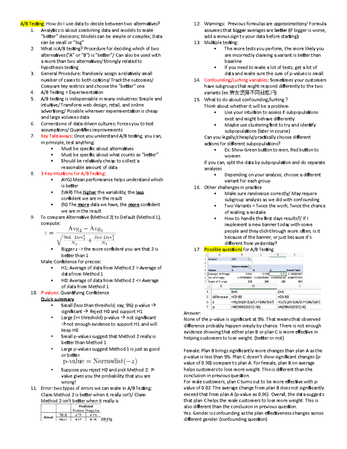 Cheat sheet - Summary Data Analysis for Decision Making - A/B Testing ...