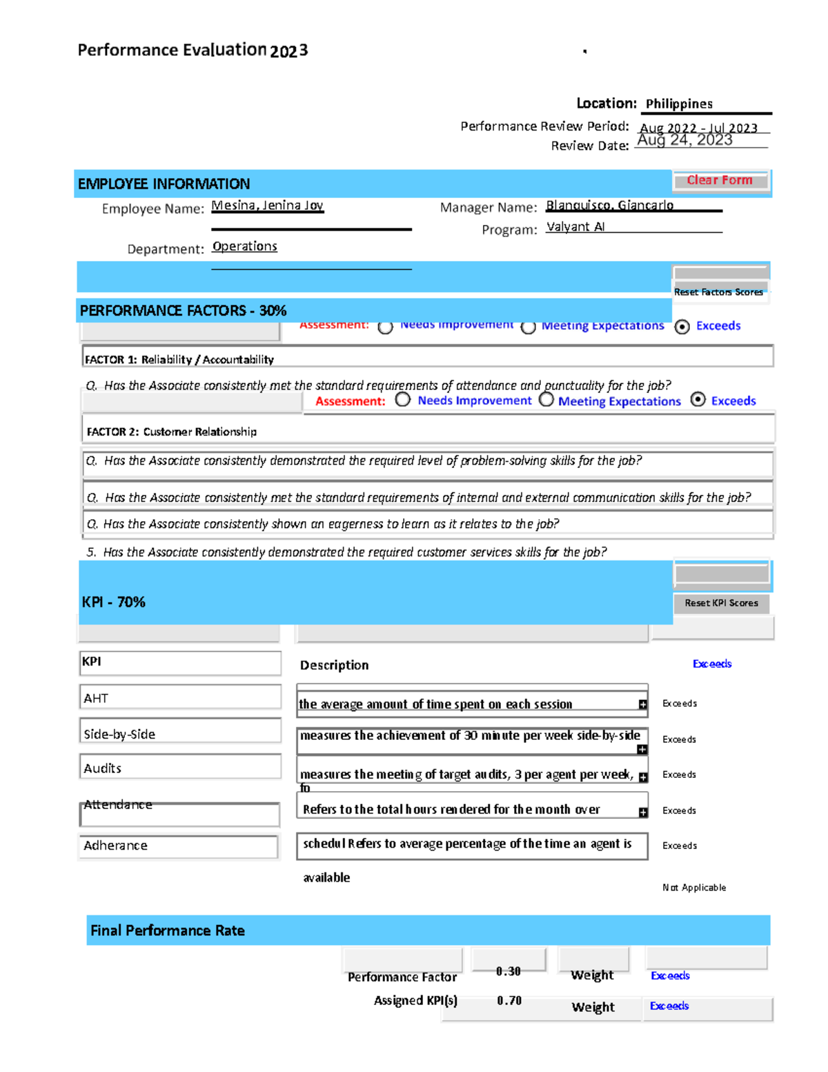 Performance Evaluation - Mesina, Jenina Joy - Location: Philippines ...