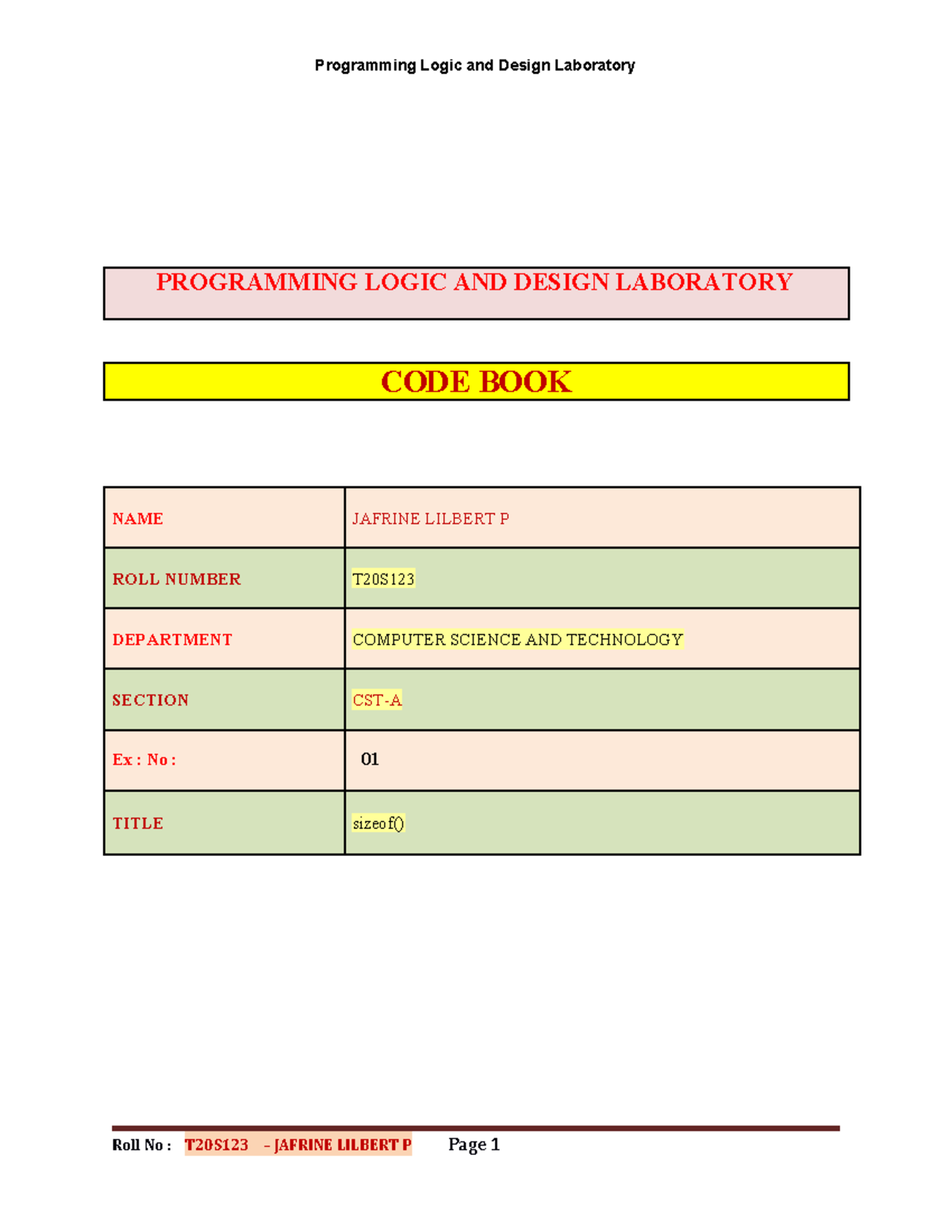 Sample Document for PLD Laboratory - PROGRAMMING LOGIC AND DESIGN LABORATORY CODE BOOK NAME ...