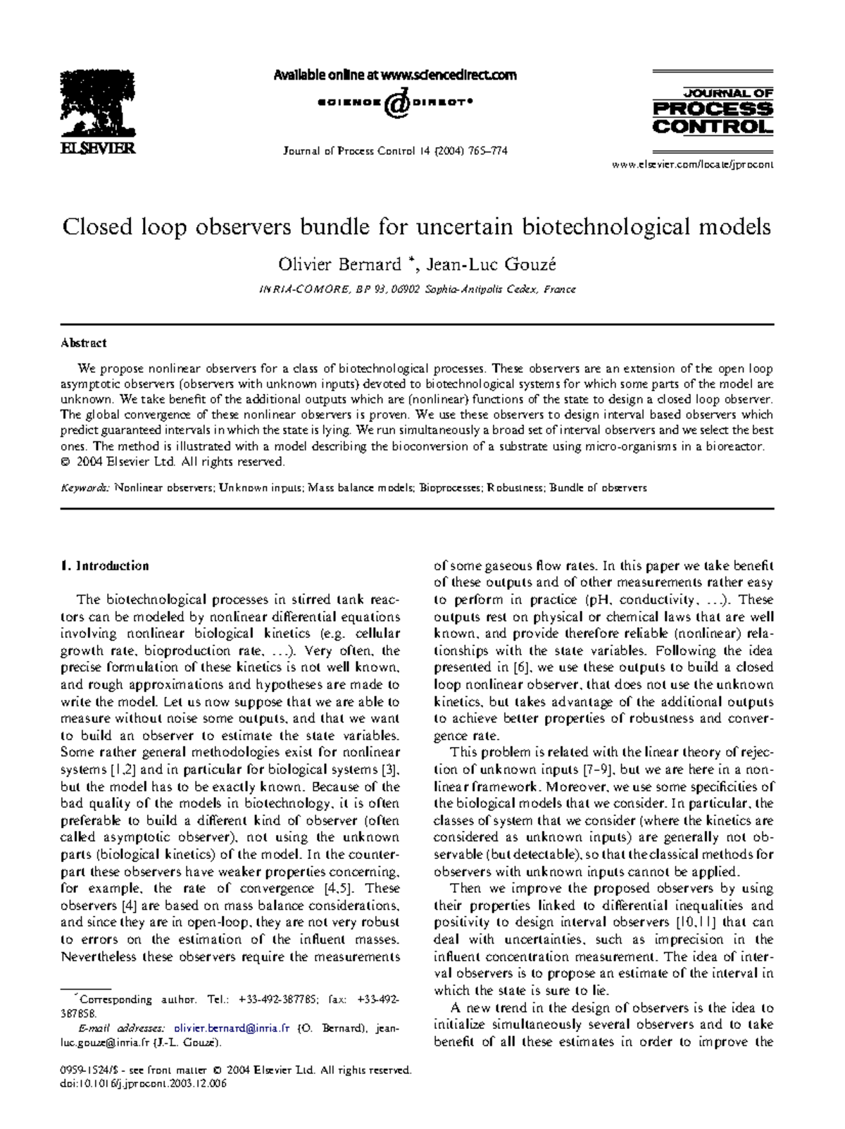 Closed Loop Observers Bundle For Uncertain Biotechnological Models Knowledge Based Control