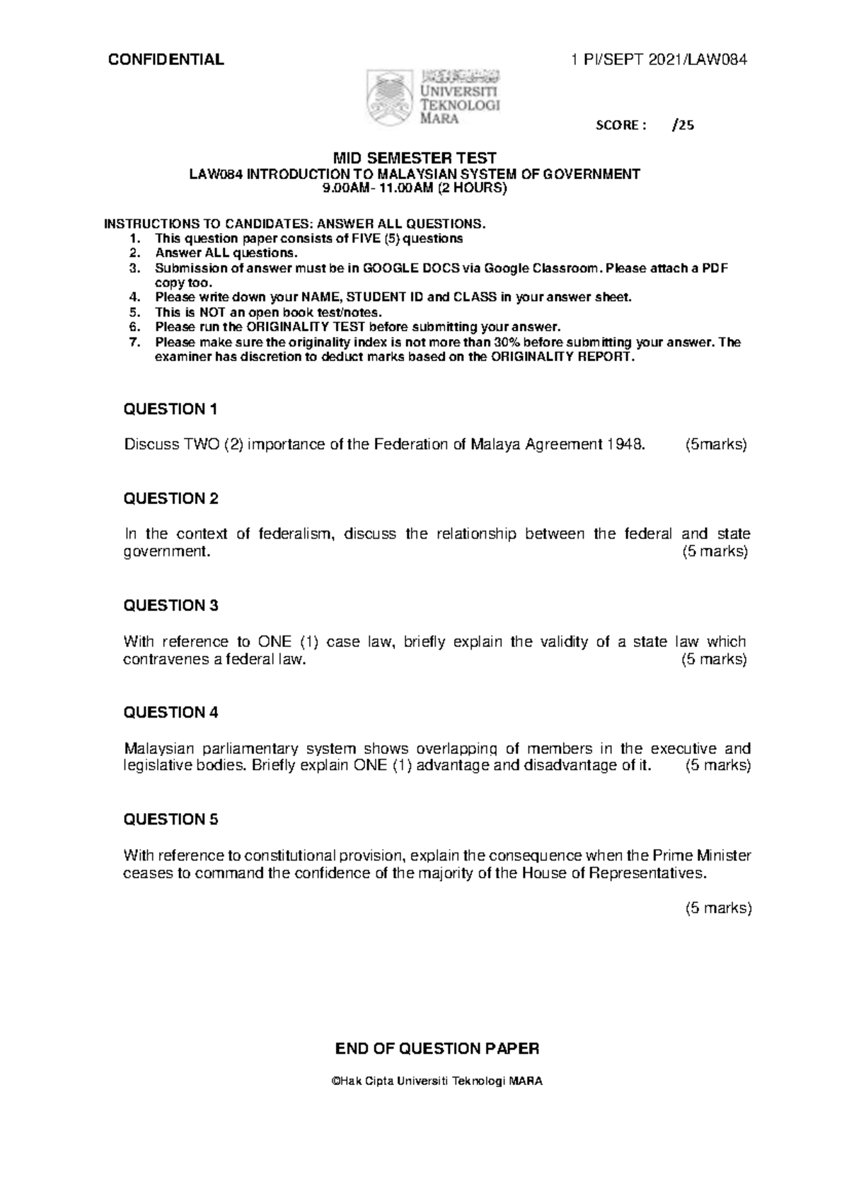 Midterm Sample 1 - CONFIDENTIAL 1 PI/SEPT 2021/LAW SCORE : / MID ...