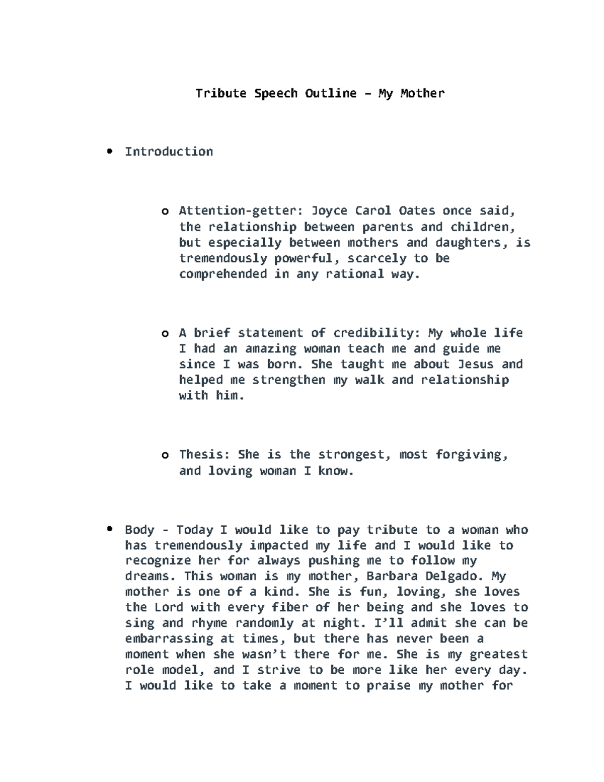 Tribute Speech Outline- My Mother - Tribute Speech Outline – My Mother ...