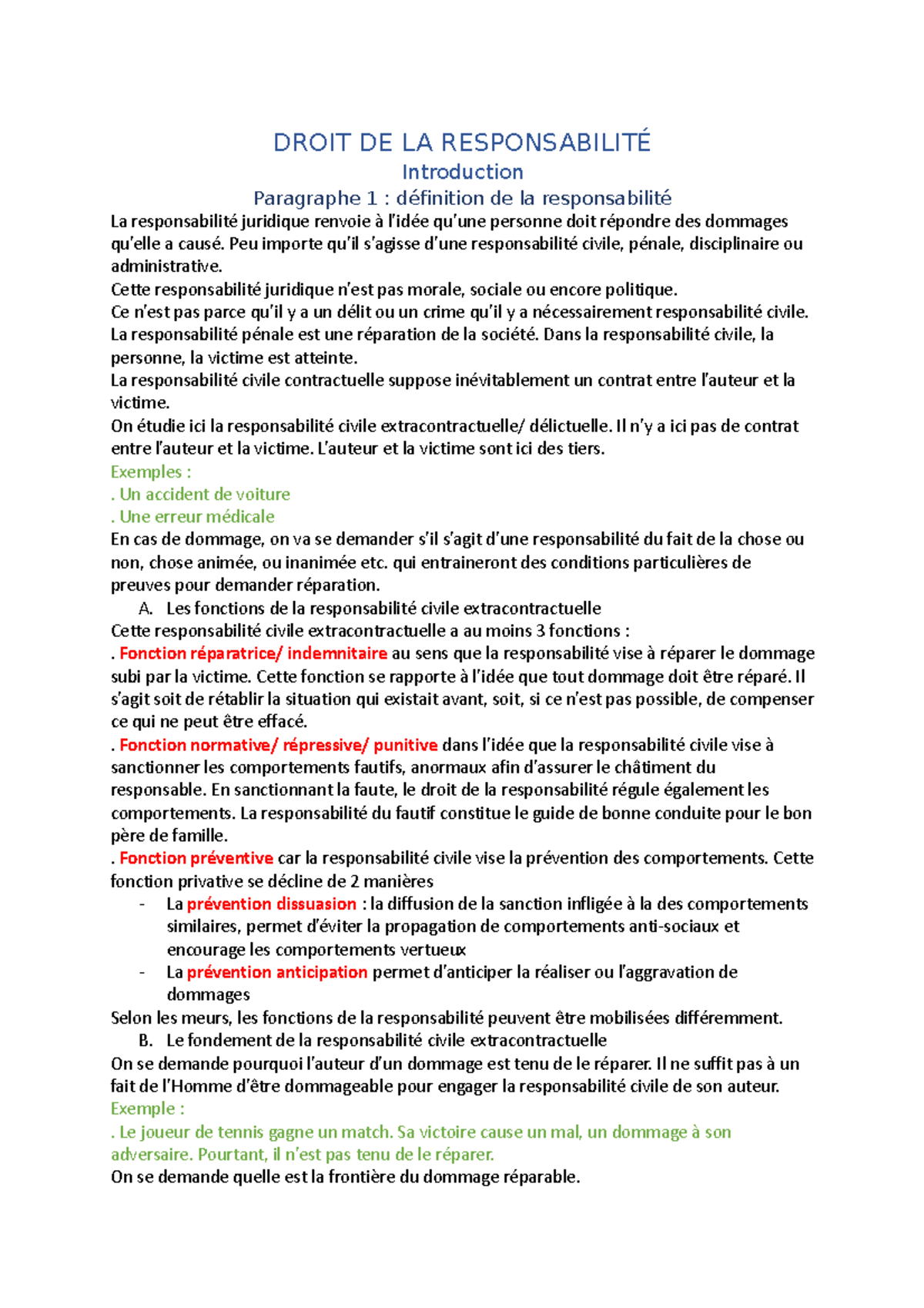 Droit de la Responsabilité - DROIT DE LA RESPONSABILITÉ Introduction ...
