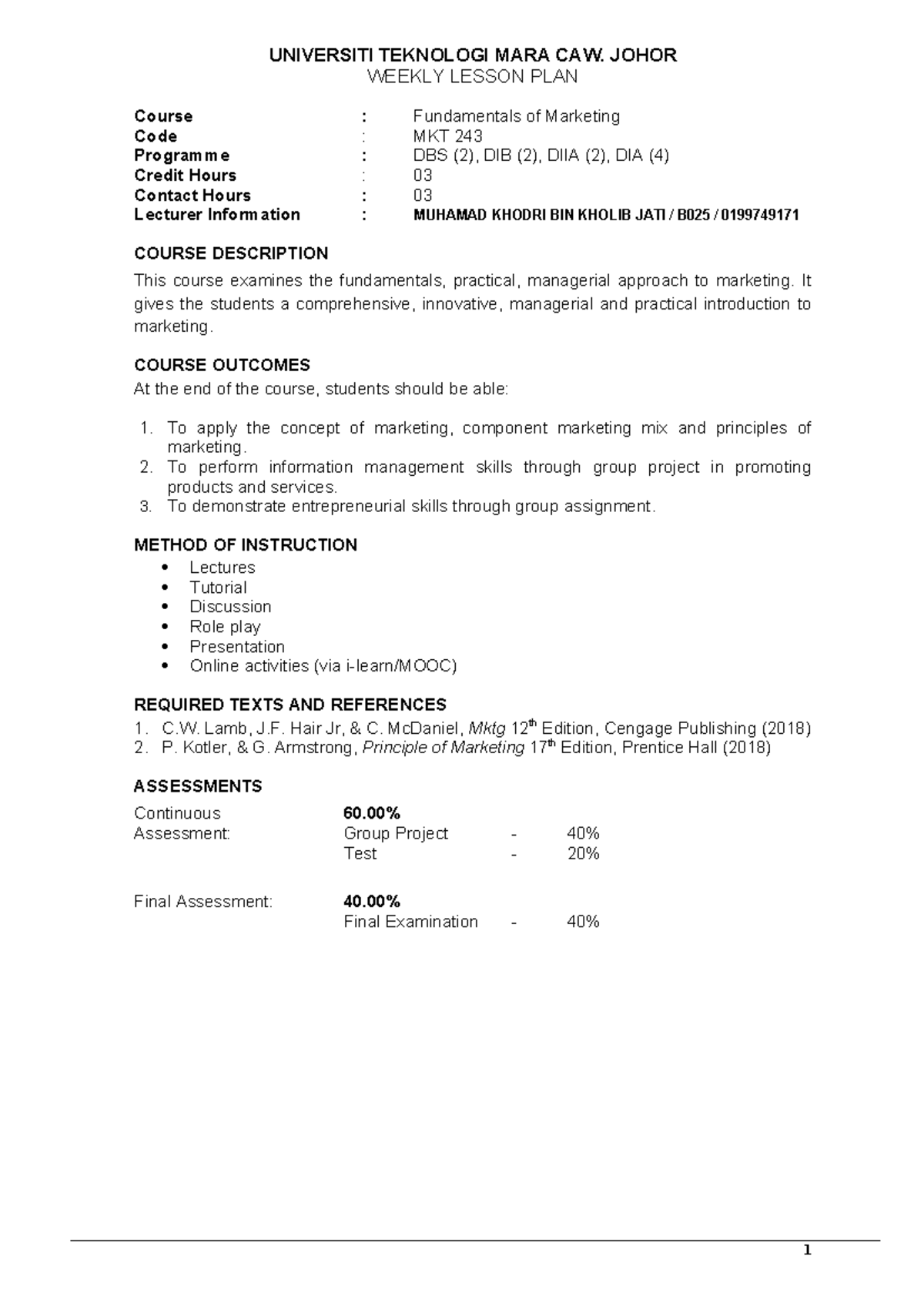 MKT243 - Suggested Weekly Lesson Plan March - August 2024 Ui TM Caw ...