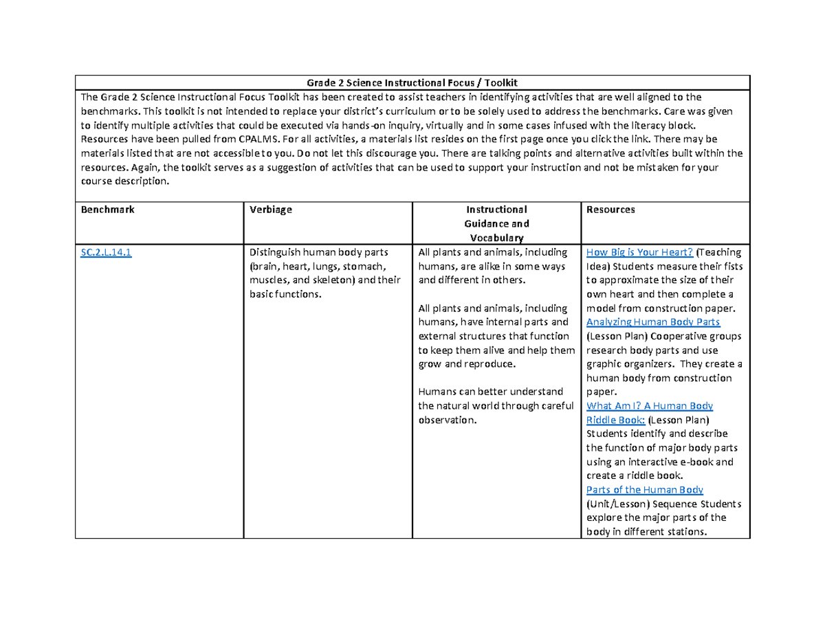 Grade 2sciencetoolkit - Grade 2 Science Instructional Focus / Toolkit ...