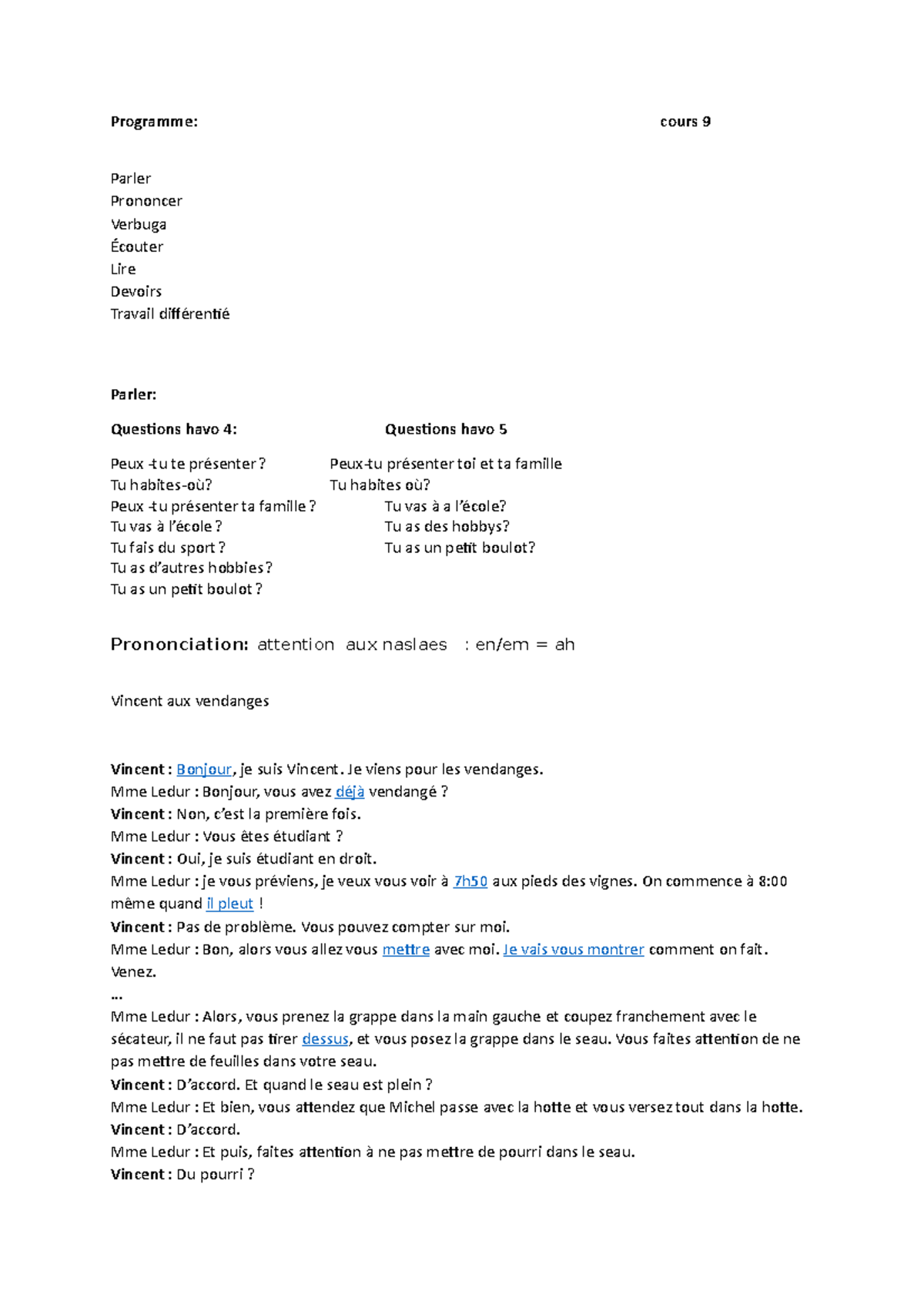 Cours 9 h4-h5 - frans - Programme: cours 9 Parler Prononcer Verbuga ...