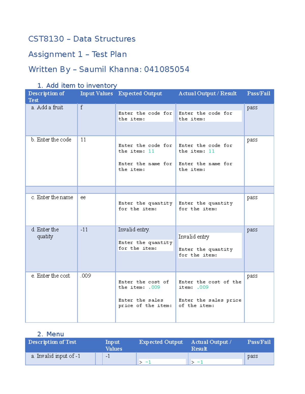 Assignment Test Plan Template - CST8130 – Data Structures Assignment 1 ...