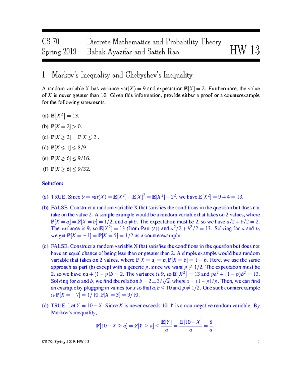 CS70 2019 S hw13 sol - CS70 HW13 - CS 70 Discrete Mathematics and Probability Theory Spring 2019 ...