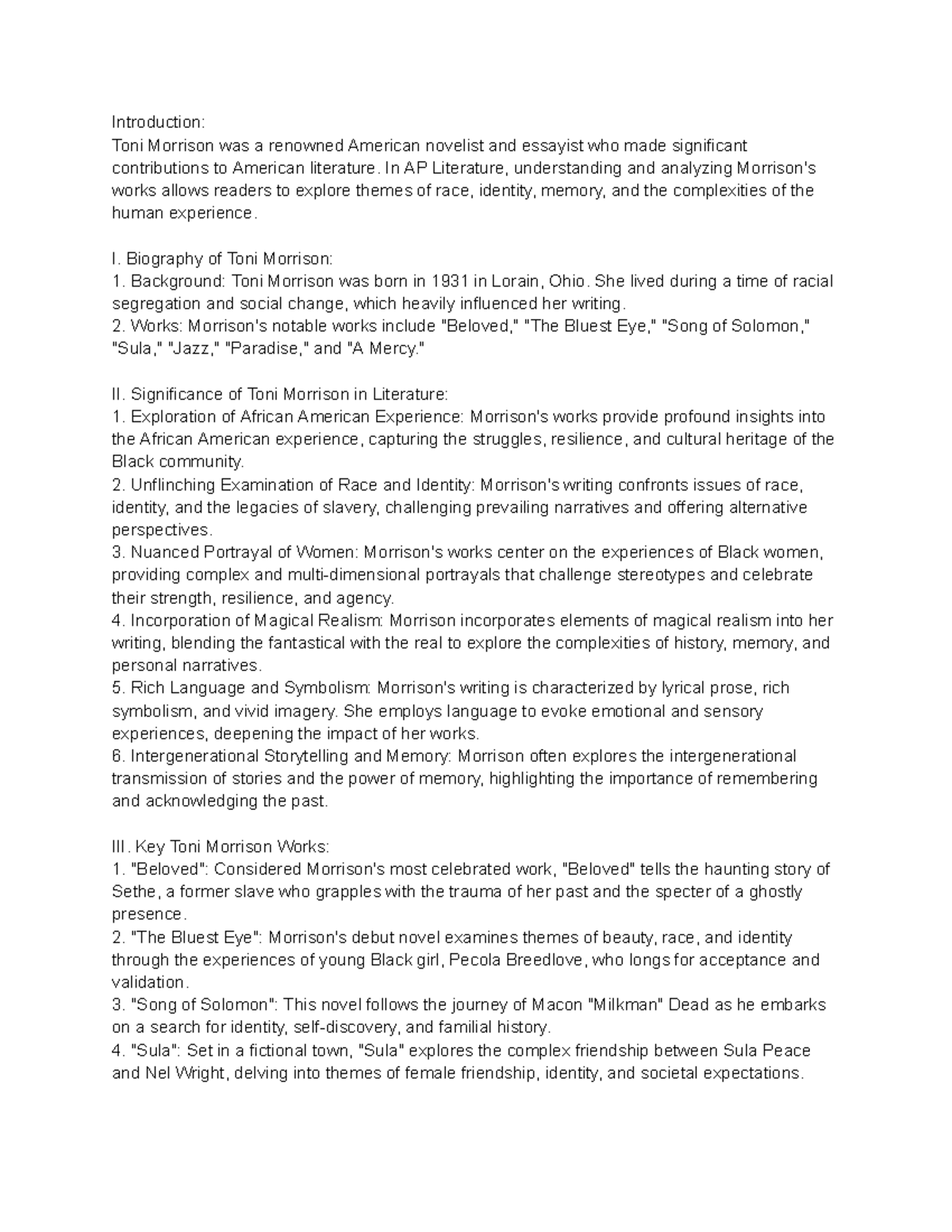 Toni Morrison in AP Literature - Introduction: Toni Morrison was a ...