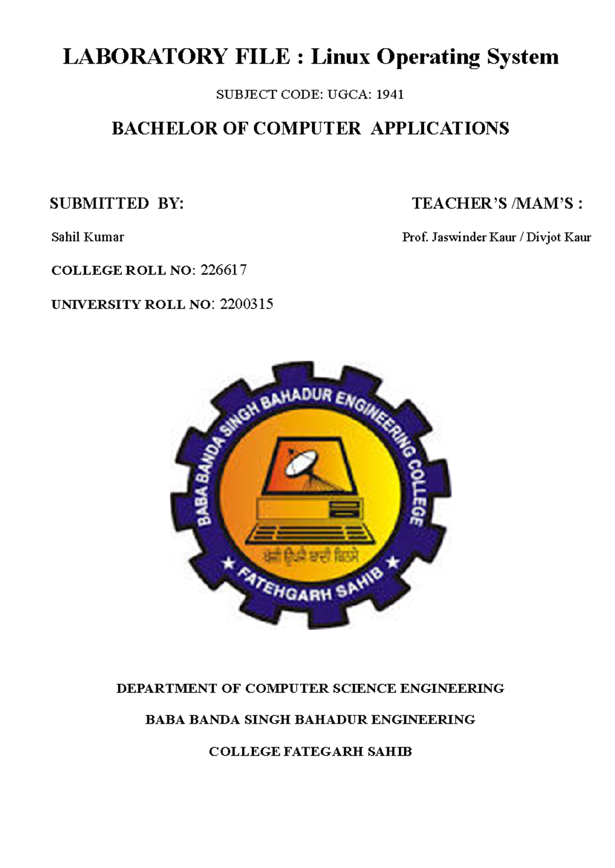 Laboratory FILE - Linux Operating System (5th sem); - LABORATORY FILE : Linux Operating System ...