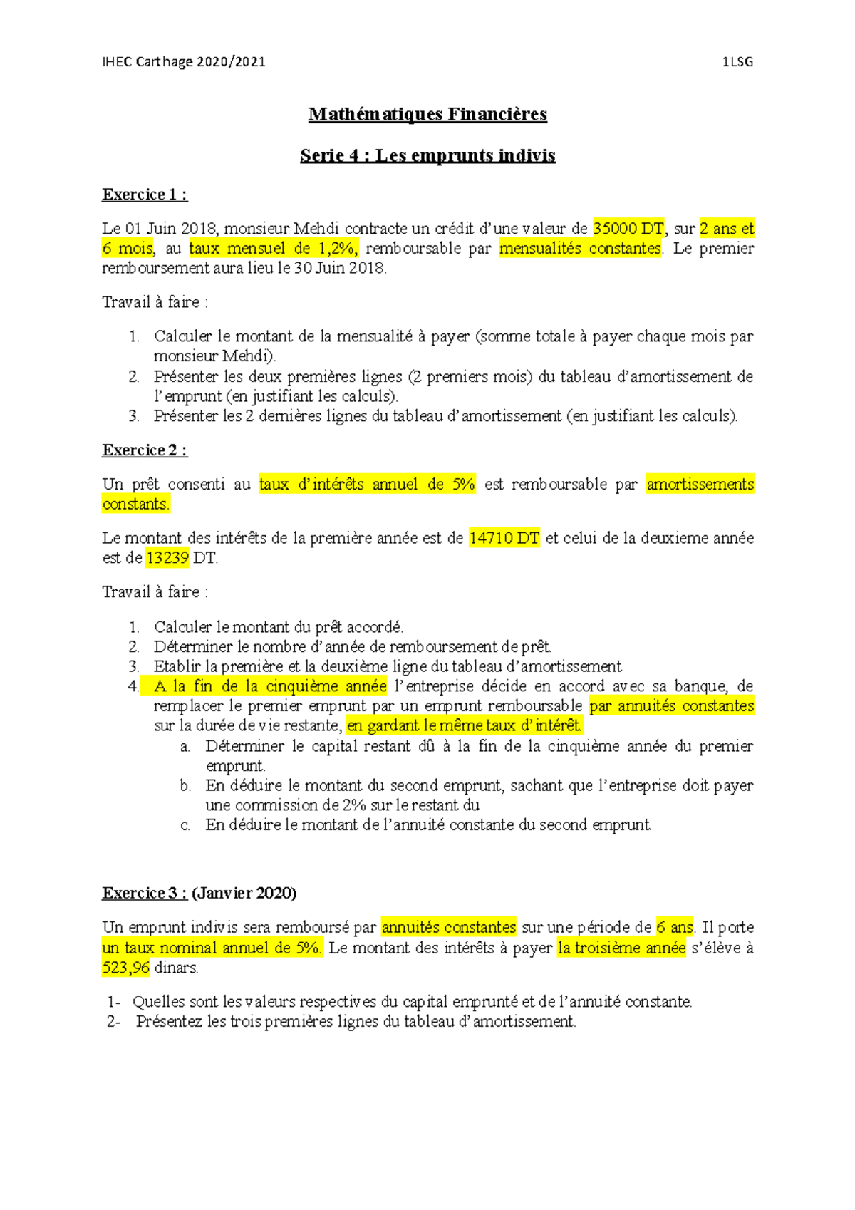 Serie 4 Les emprunts indivis - IHEC Carthage 2020/2021 1LSG ...