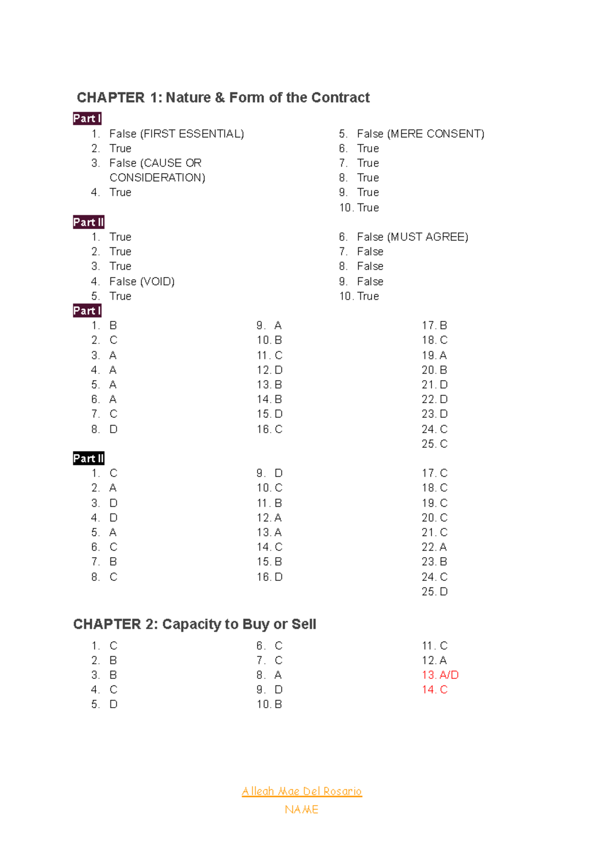 RFLI Answer key - CHAPTER 1: Nature & Form of the Contract Part I 1 ...