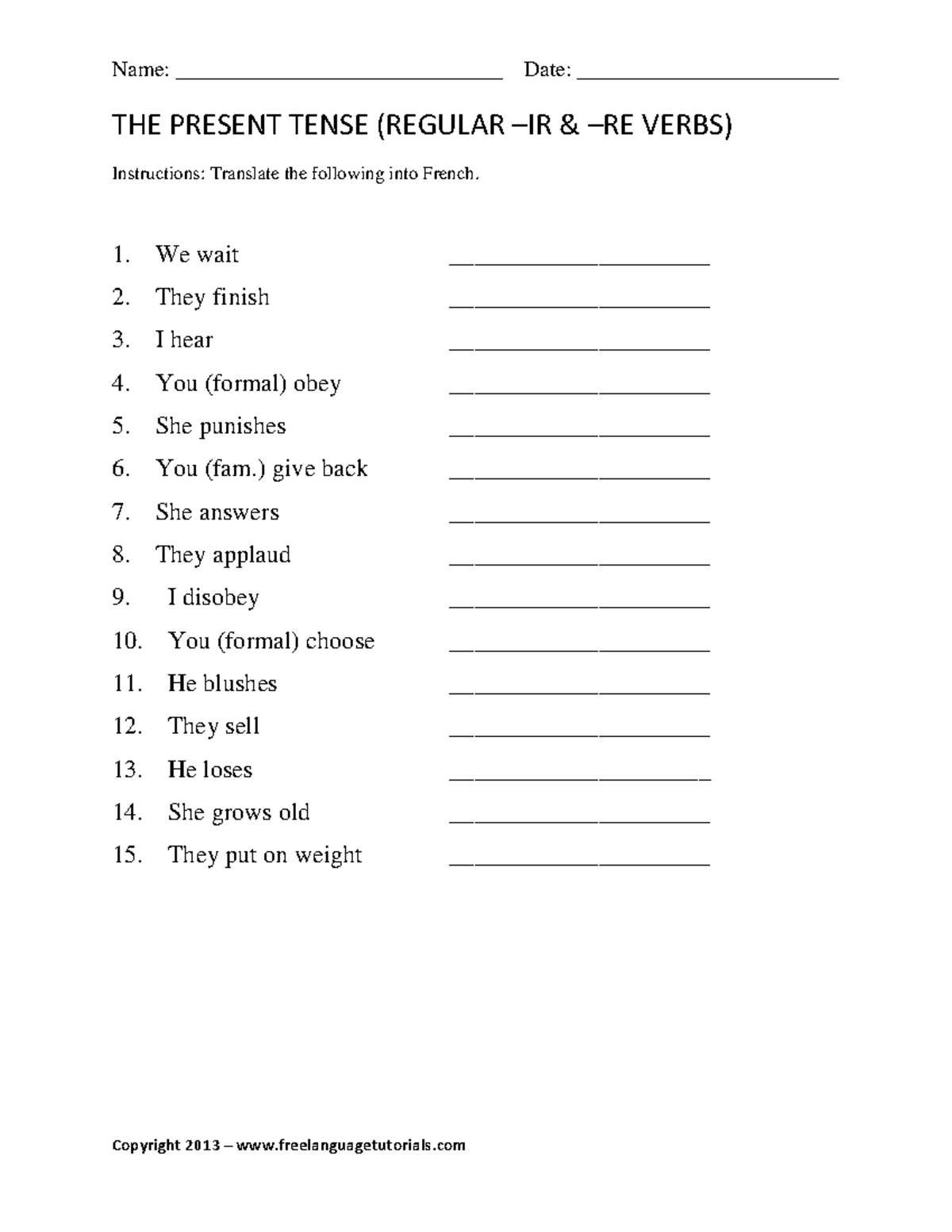 Present Tense French 2 Homework Name