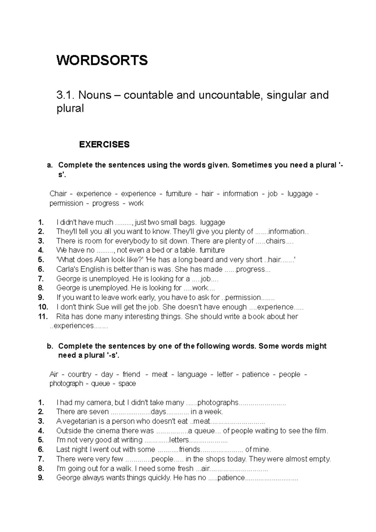 Engels Grammar nouns plural - WORDSORTS 3. Nouns – countable and ...