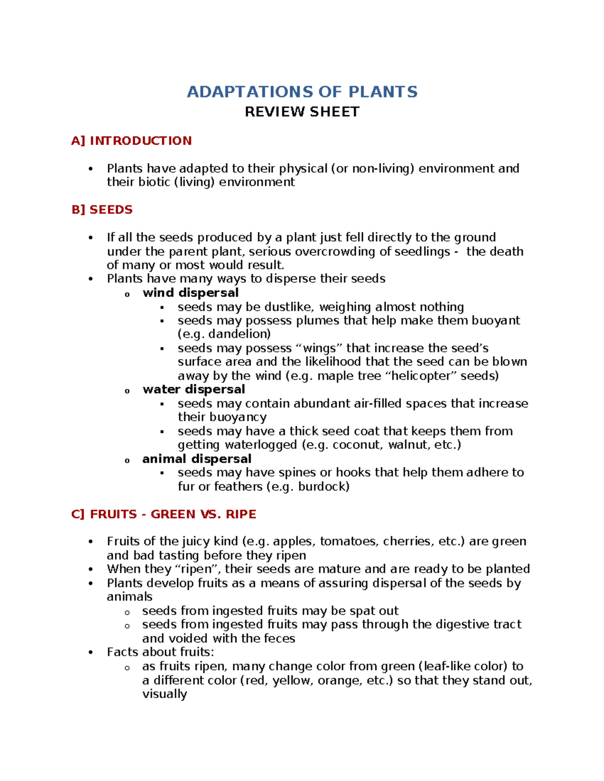 Adaptations OF Plants Review - ADAPTATIONS OF PLANTS REVIEW SHEET A ...