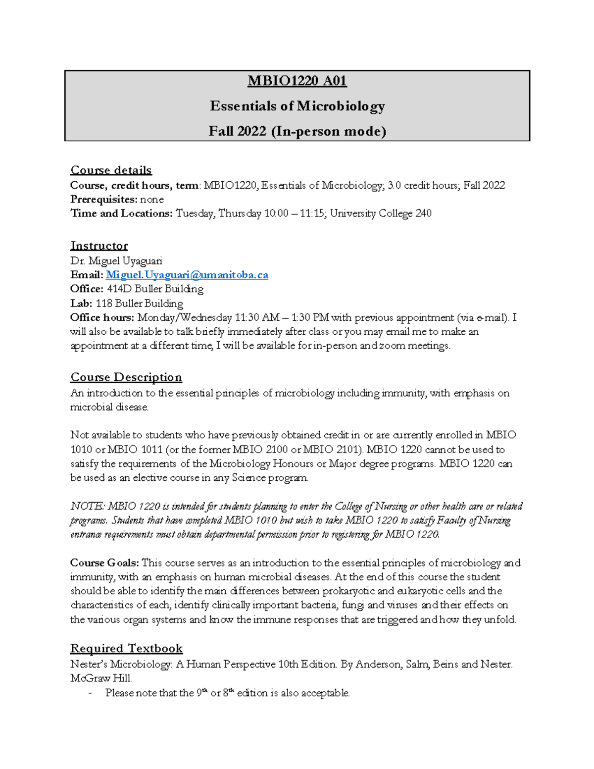 Course Syllabus F22 MUD - MBIO1220 A Essentials of Microbiology Fall ...