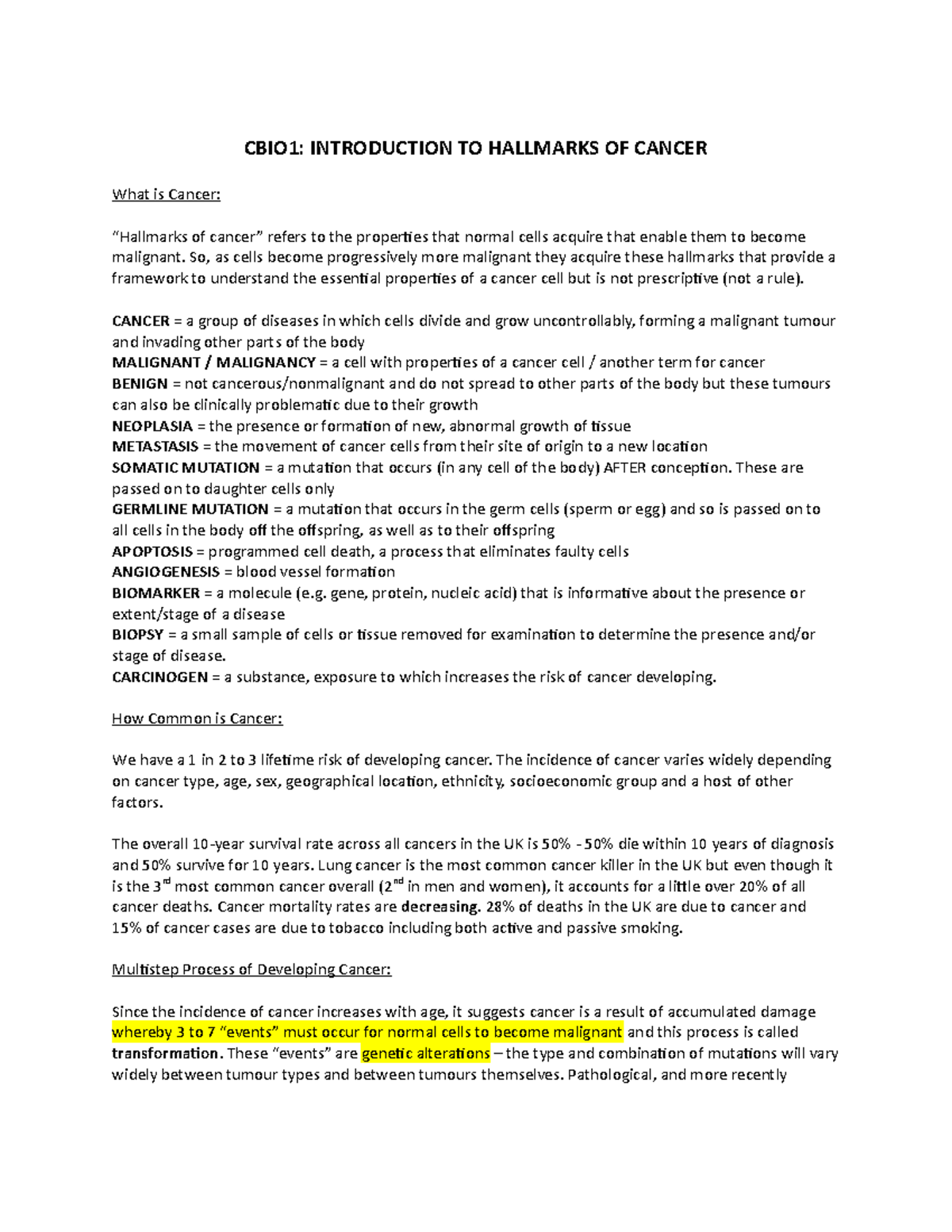 Cbio Revision Lecture Notes All Lectures Throughout Module Cbio1 Introduction To Hallmarks