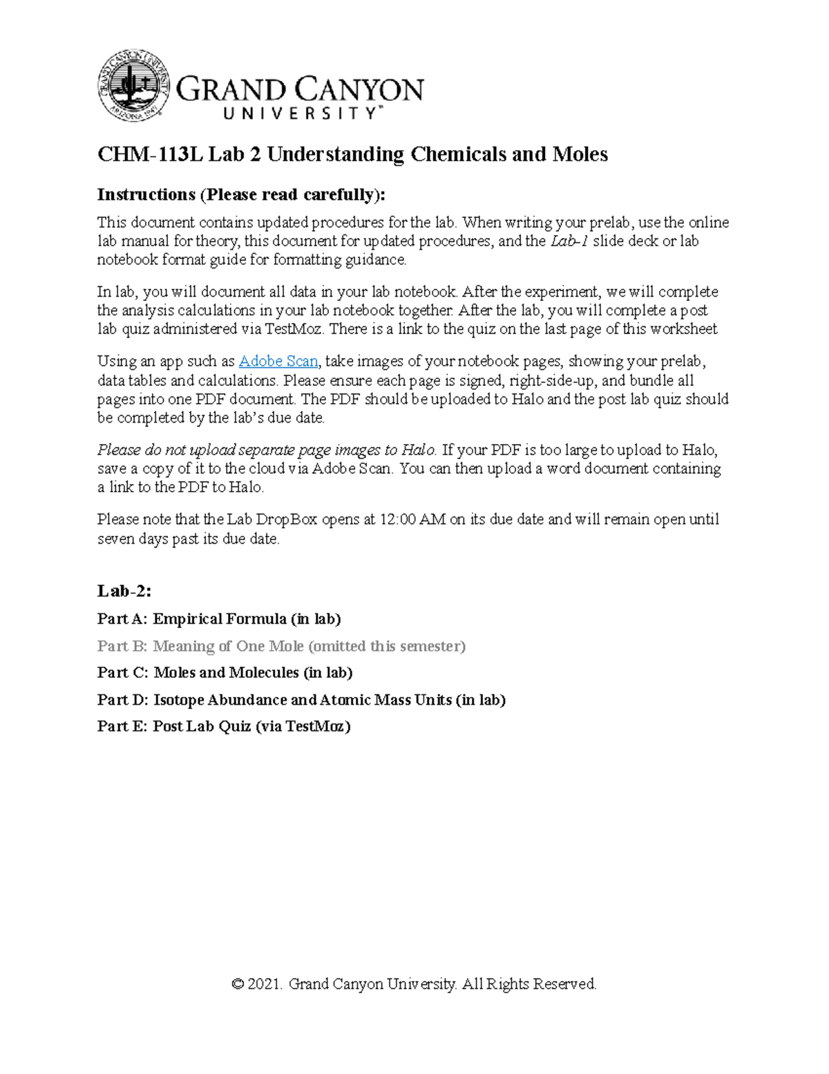 CHM113L L2 Chemicals Moles Updated Procedures FA22 - CHM-113L Lab 2 Understanding Chemicals and ...