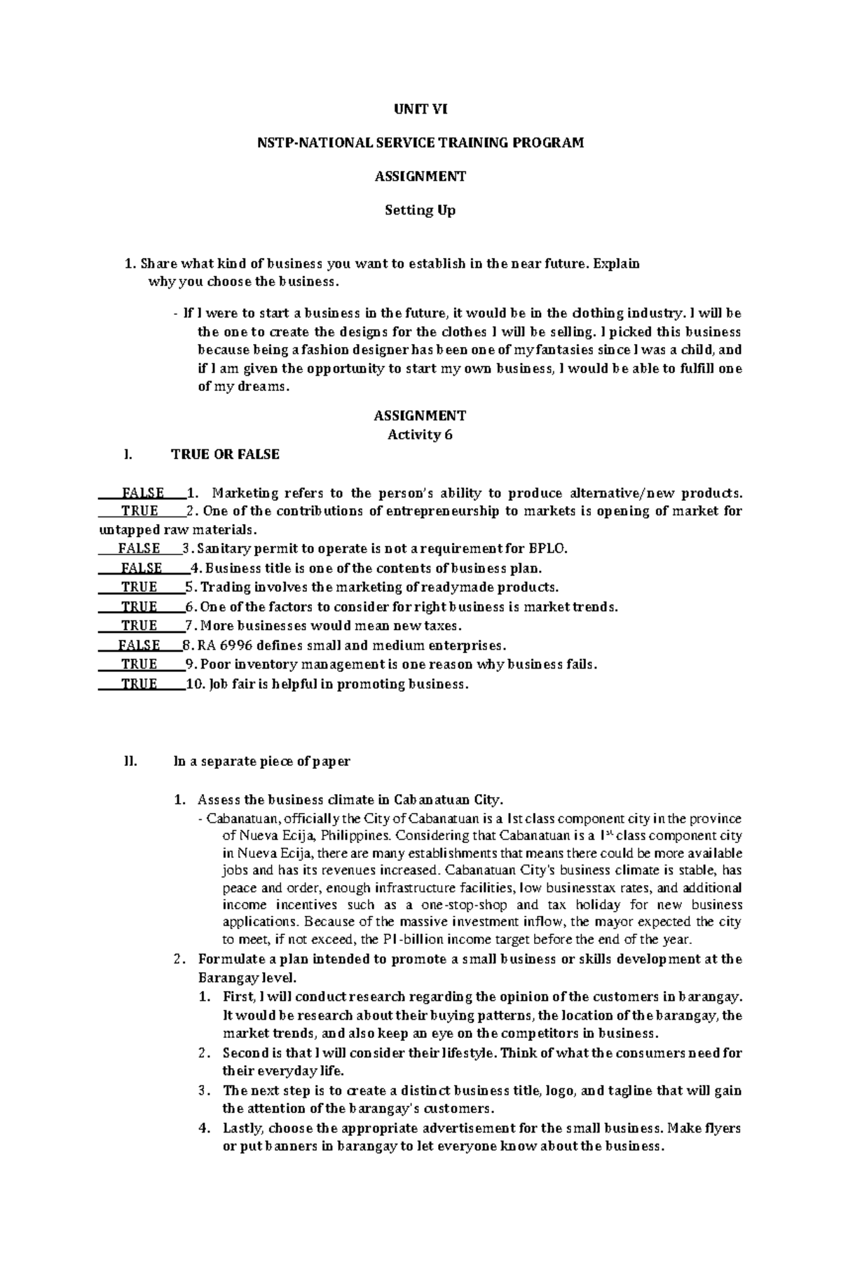 NSTP UNIT 6 - UNIT VI NSTP-NATIONAL SERVICE TRAINING PROGRAM ASSIGNMENT ...