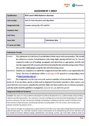 Unit 19 Assignment brief 2 - Page 1 ASSIGNMENT 2 BRIEF Qualification BTEC Level 5 HND Diploma in ...