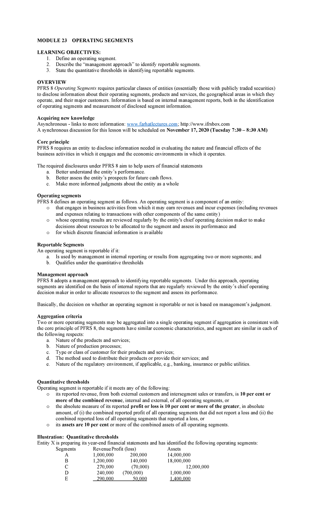 Module 23 Operating Segments - MODULE 23 OPERATING SEGMENTS LEARNING ...