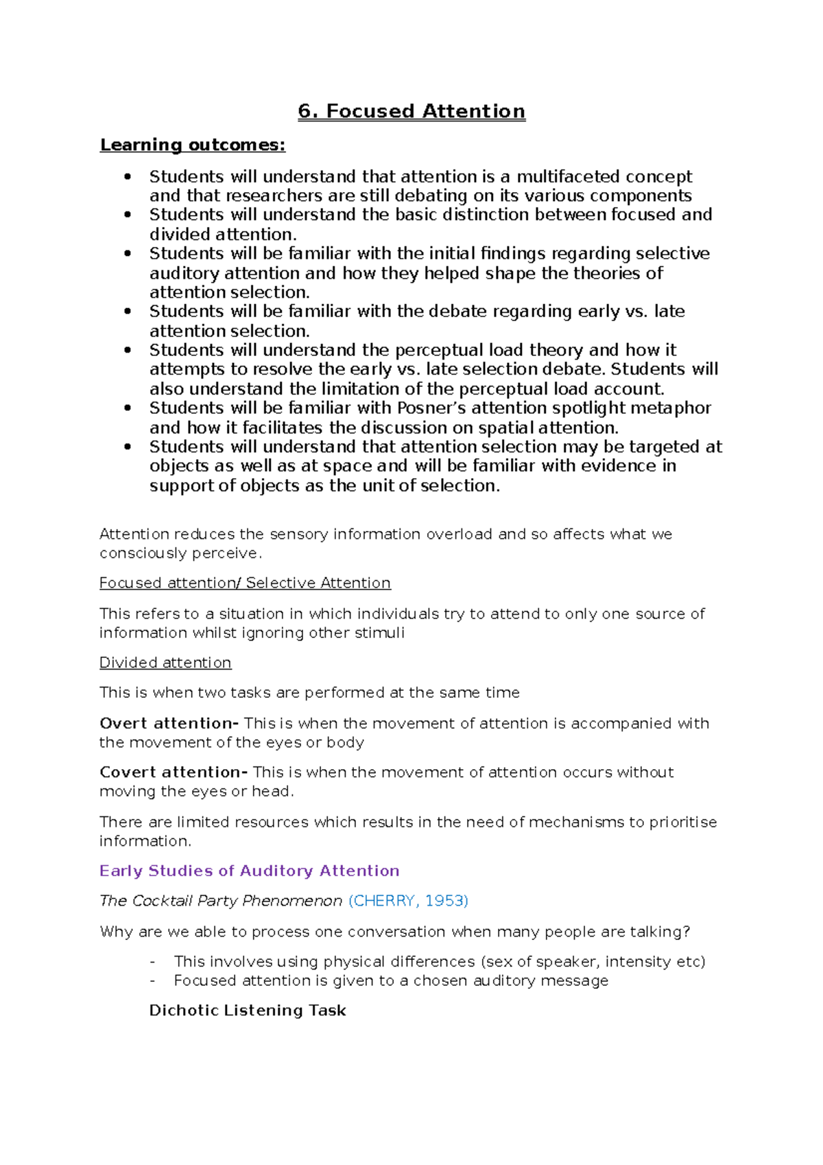 6. Attention - Lecture notes 6 - 6. Focused Attention Learning outcomes ...
