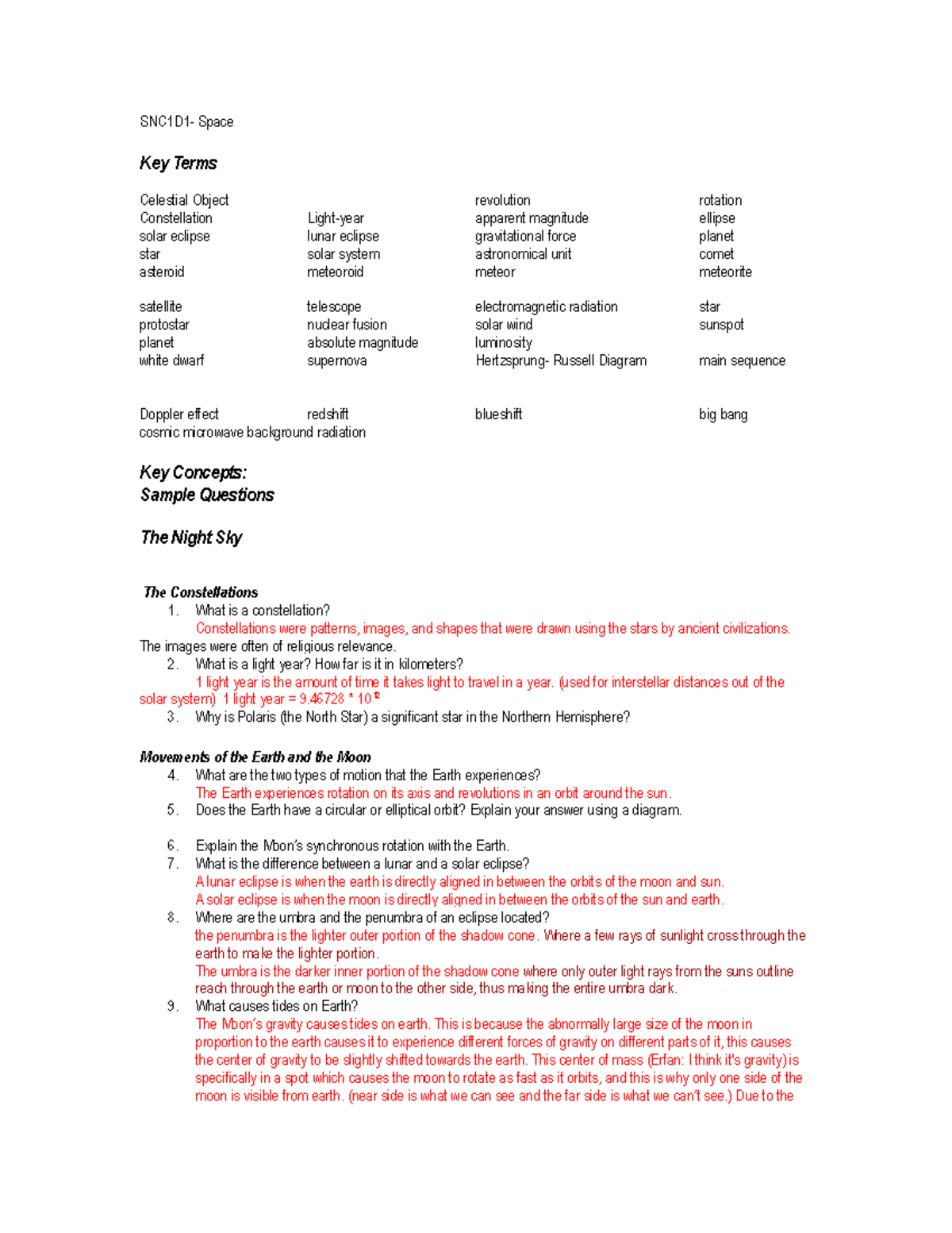 Space Test Review - SNC1D1- Space Key Terms Celestial Object revolution ...