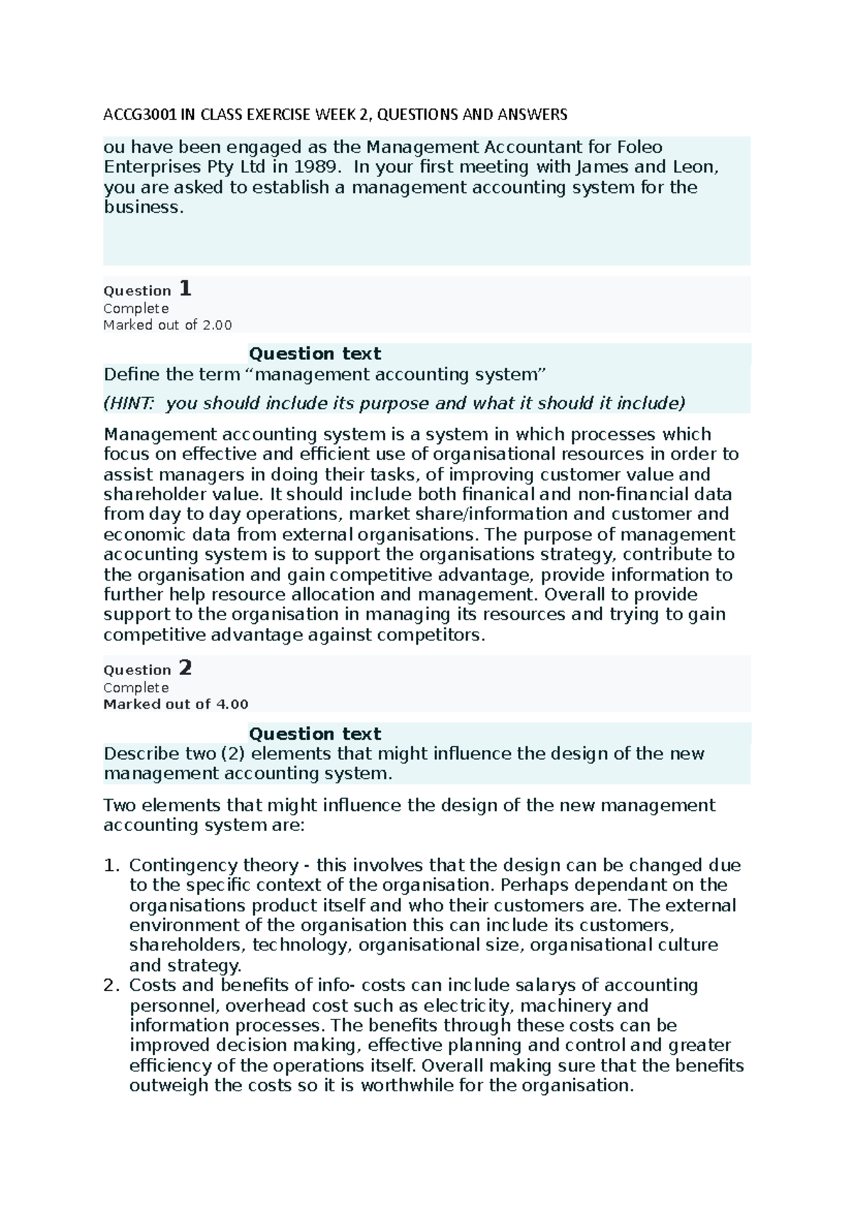 ACCG3001 Inclass Exercise 2 - ACCG3001 IN CLASS EXERCISE WEEK 2, QUESTIONS AND ANSWERS ou have ...