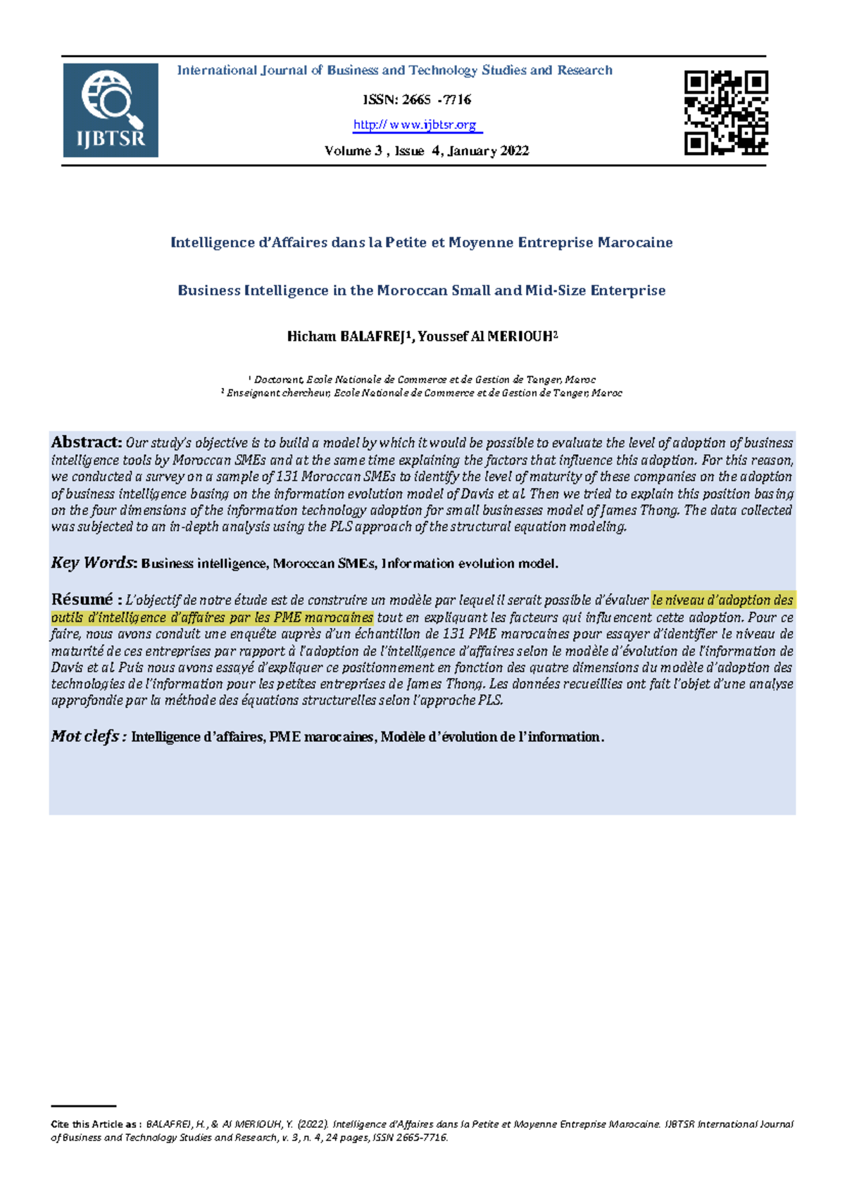 BI par les PME - Cite this Article as : BALAFREJ, H., & Al MERIOUH, Y ...