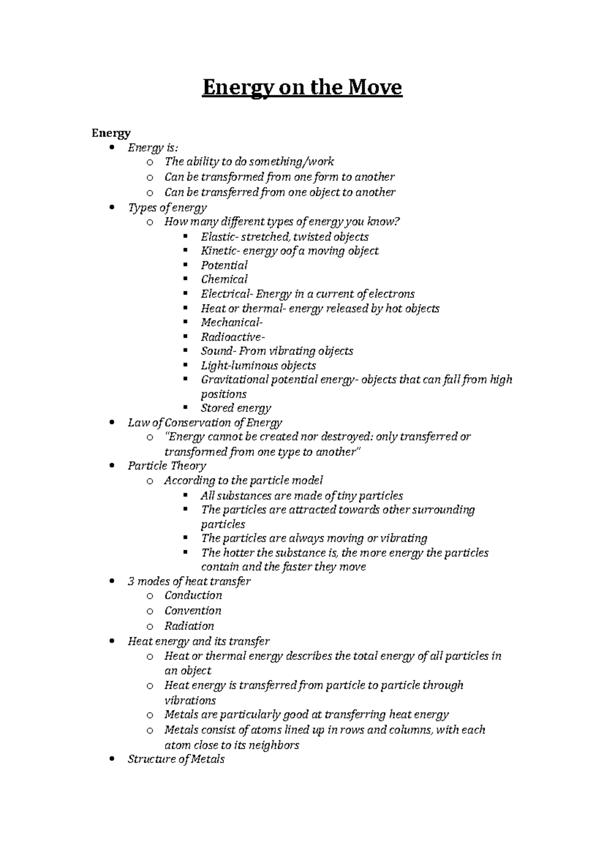 Energy on the Move Final Notes - Energy on the Move Energy Energy is: o ...