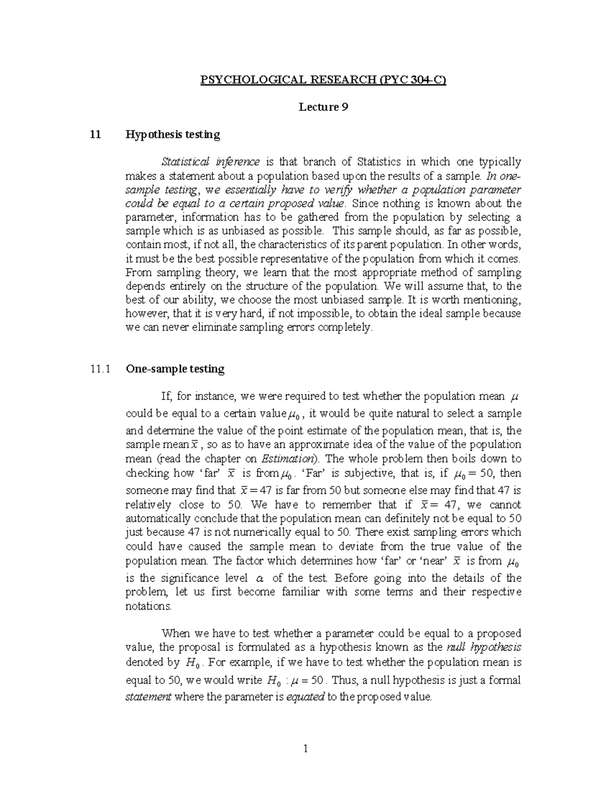 9 Hypothesis Testing Notes PSYCHOLOGICAL RESEARCH PYC 304 C