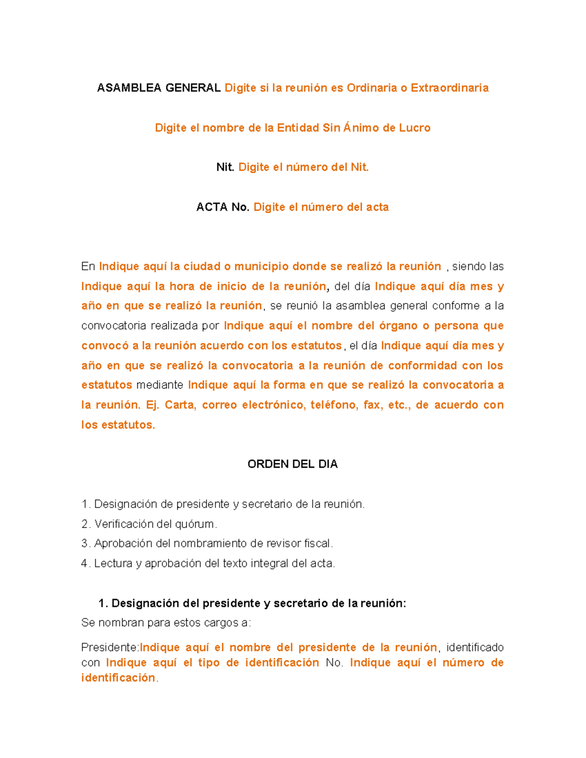 Modelo ACTA Nombramiento Revisor Fiscal ESAL - ASAMBLEA GENERAL Digite ...