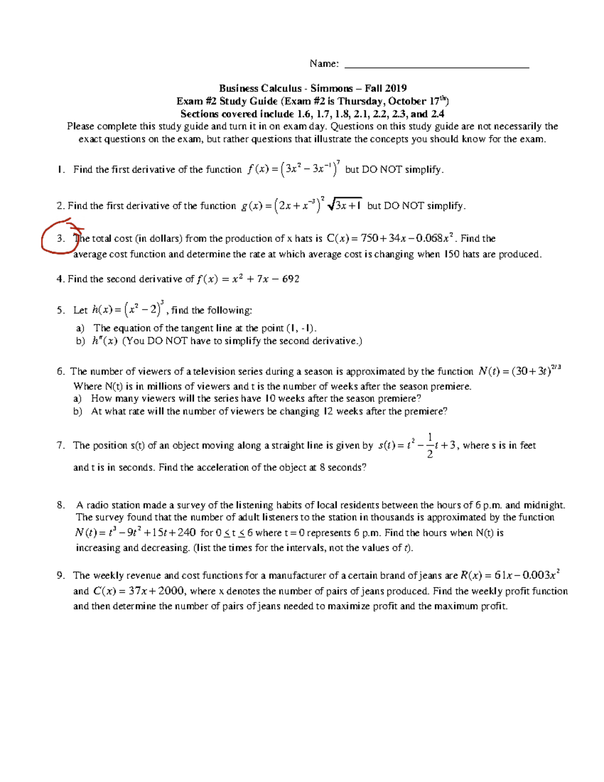 UNF MAC2233 Exam 2 Study Guide - Name ...