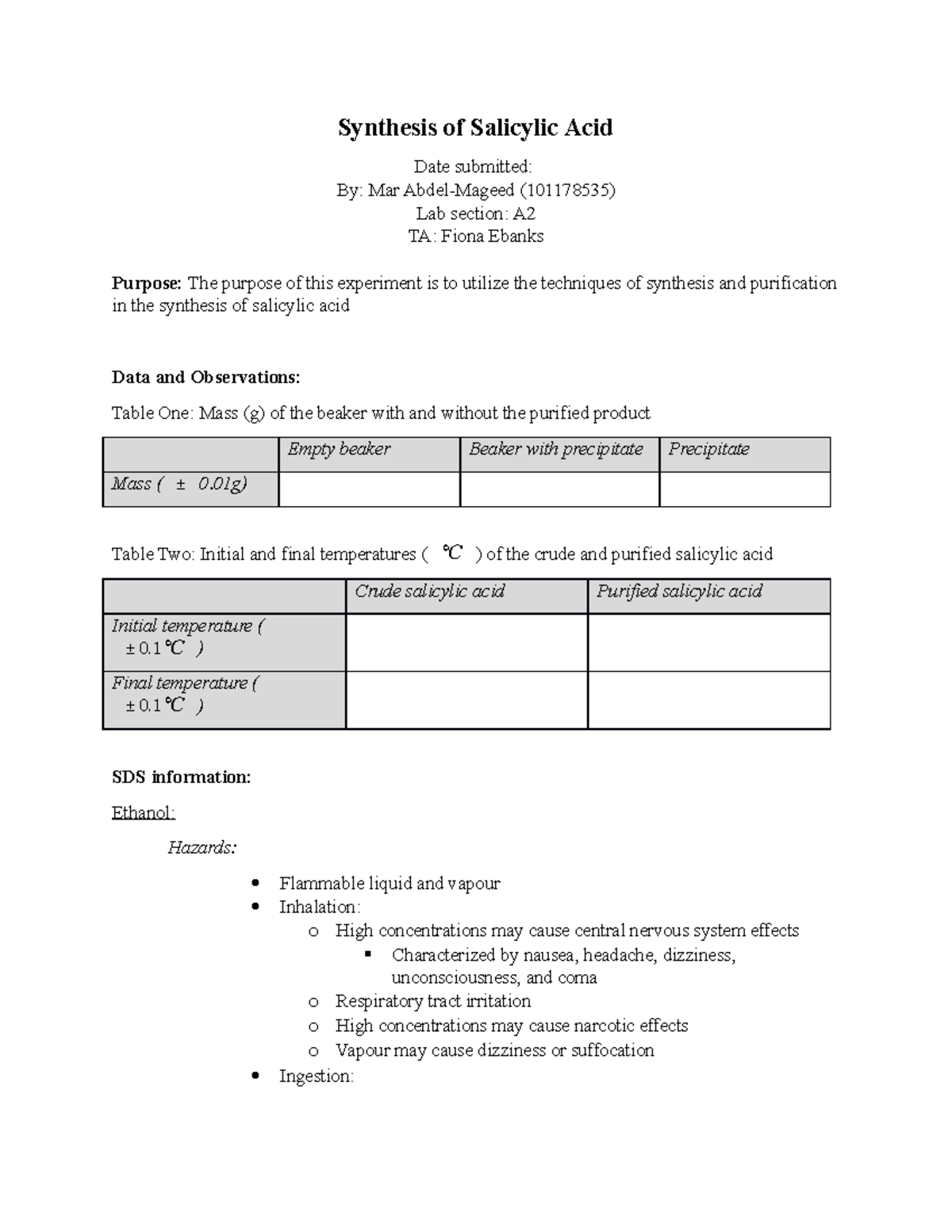 CHEM 1002 Sal Pre-Lab - Synthesis of Salicylic Acid Date submitted: By ...