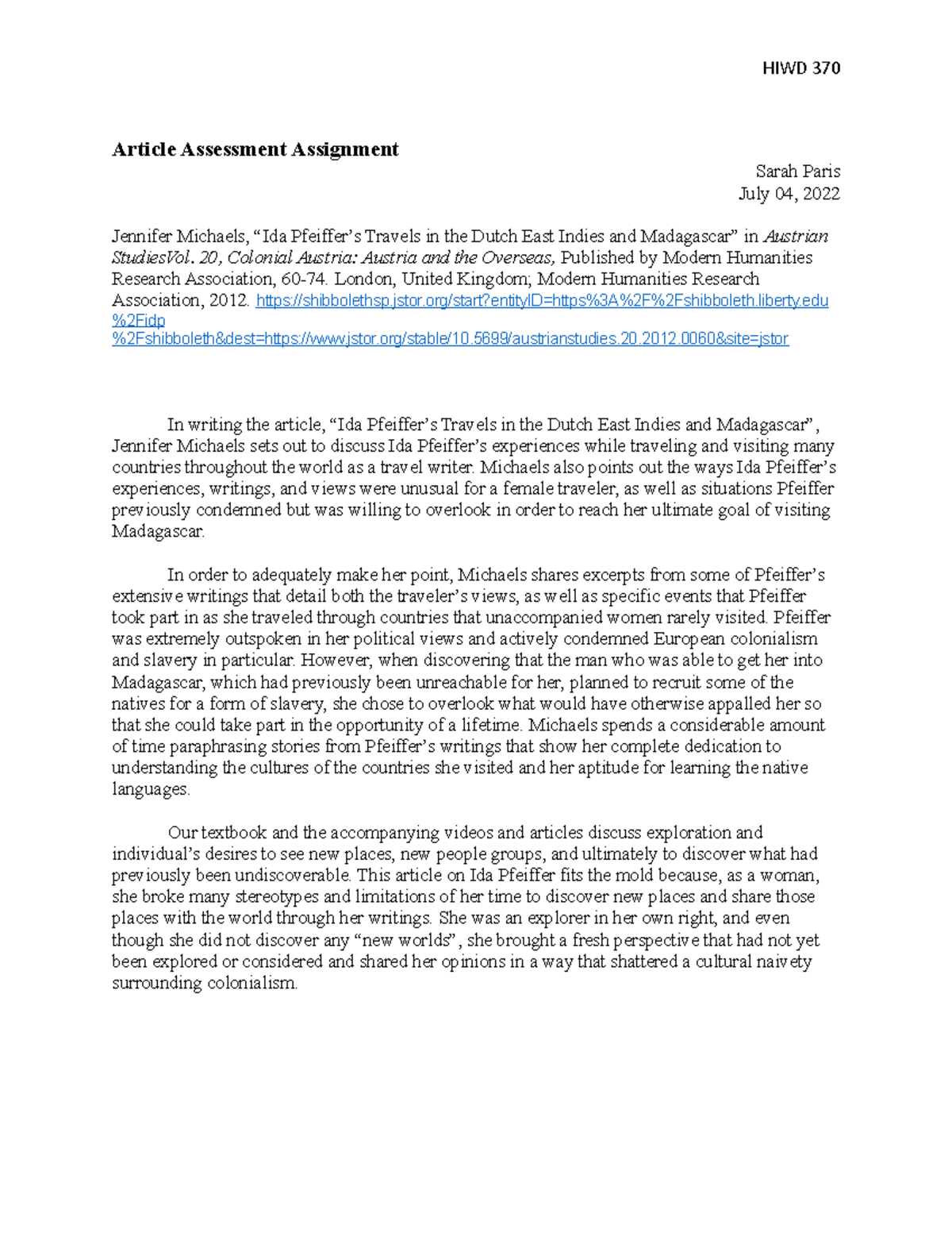 Article Assessment Assignment-Module 2 - HIWD 370 Article Assessment Assignment Sarah Paris July ...