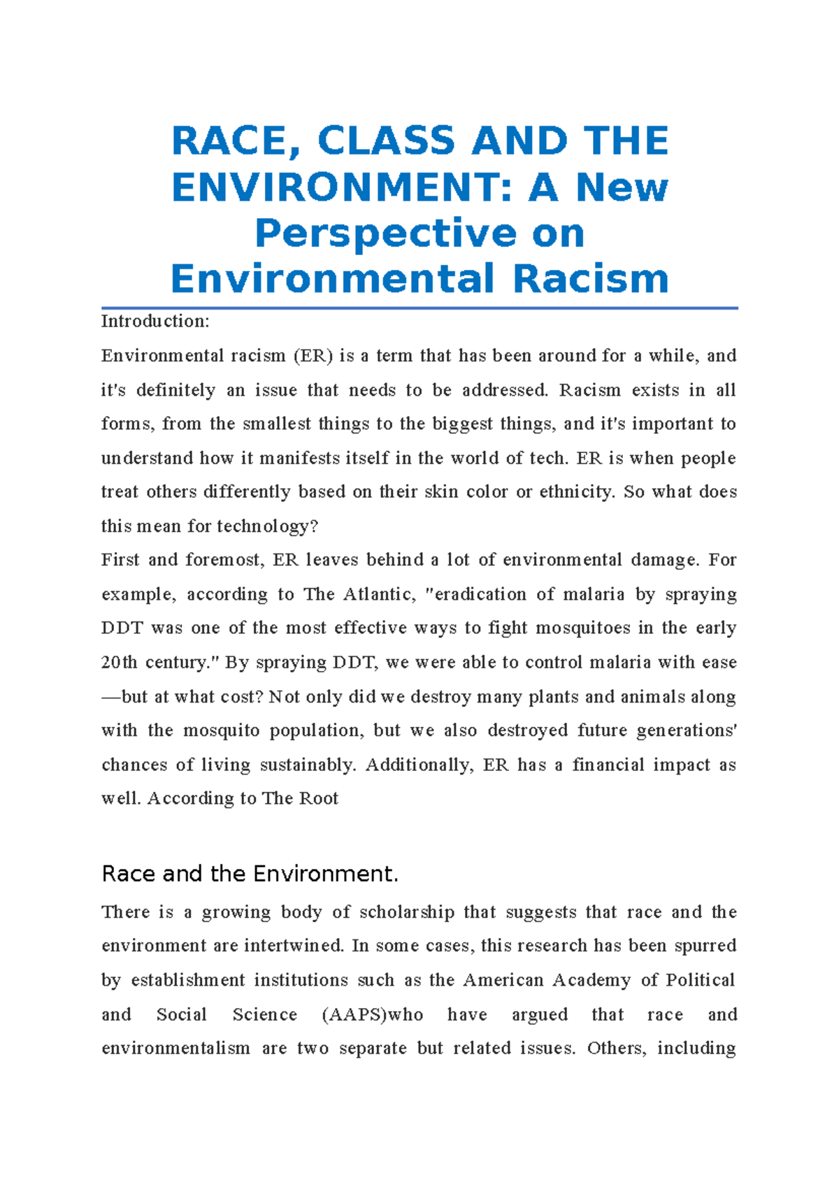 RACE, Class AND THE Environment, A New Perspective on Environmental ...
