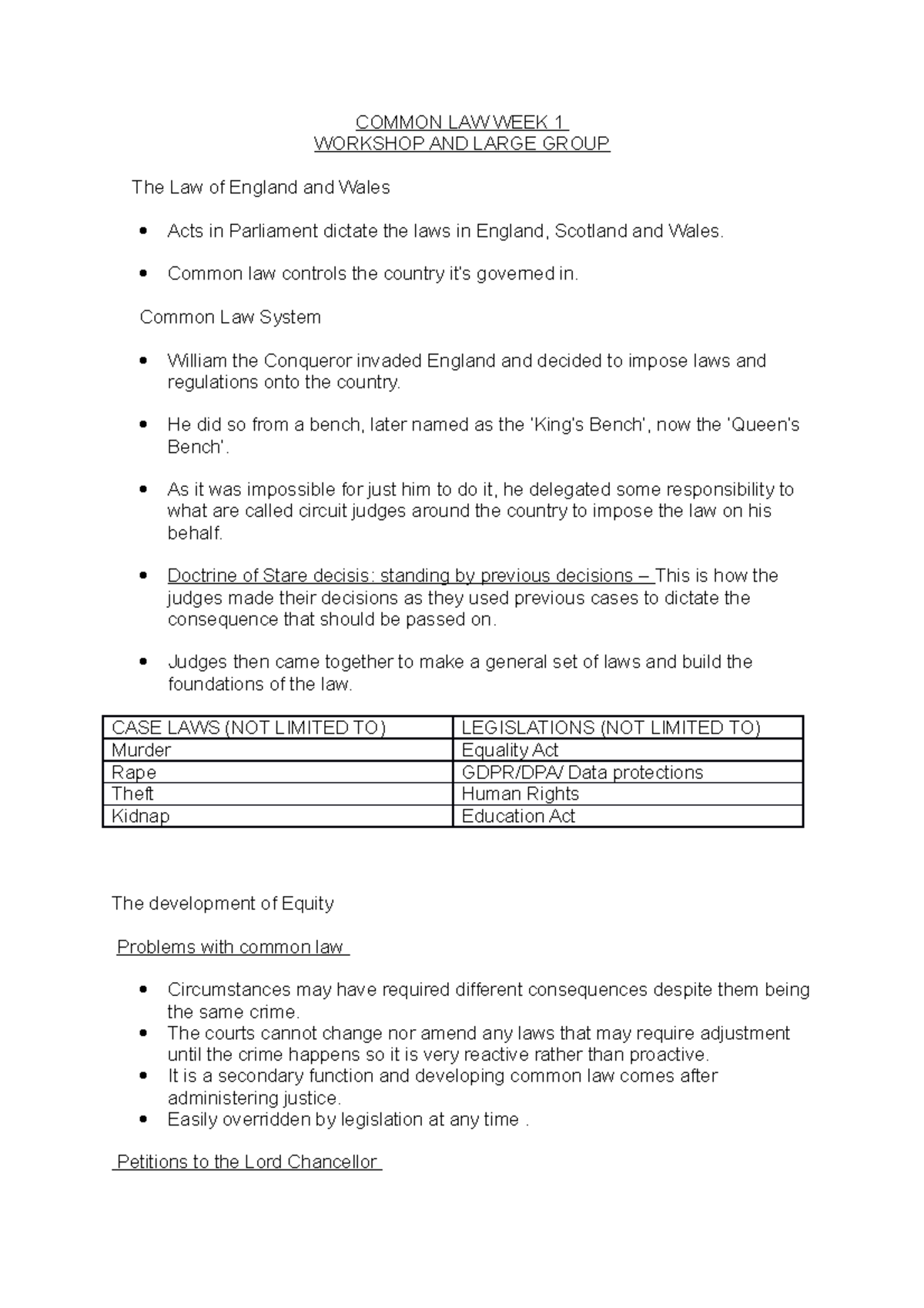 Common LAW LG 1 Notes - COMMON LAW WEEK 1 WORKSHOP AND LARGE GROUP The ...