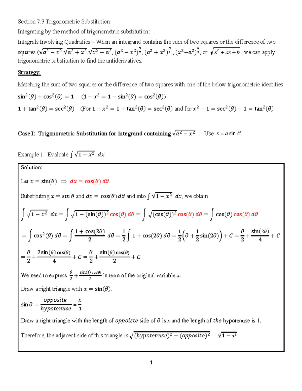 7.3 Trigonometric Substitution 24SS - Section 7 Trigonometric Substitution Integrating by the ...