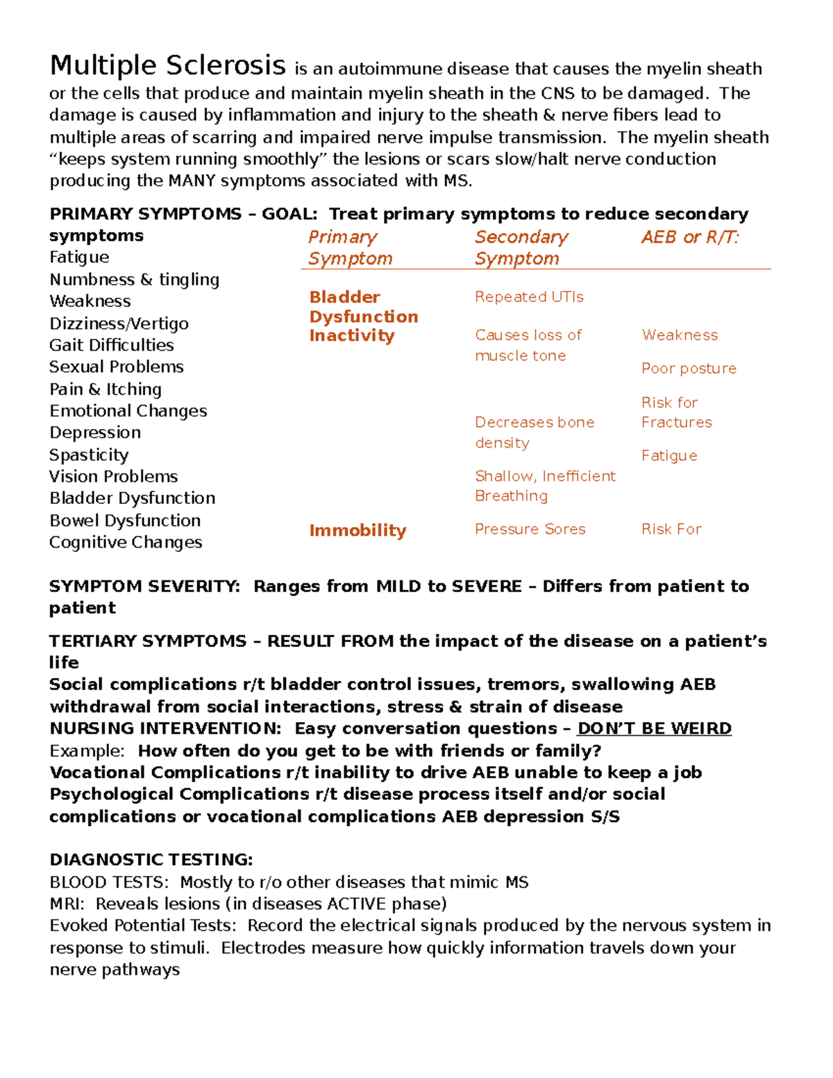 Multiple Sclerosis - The damage is caused by inflammation and injury to ...