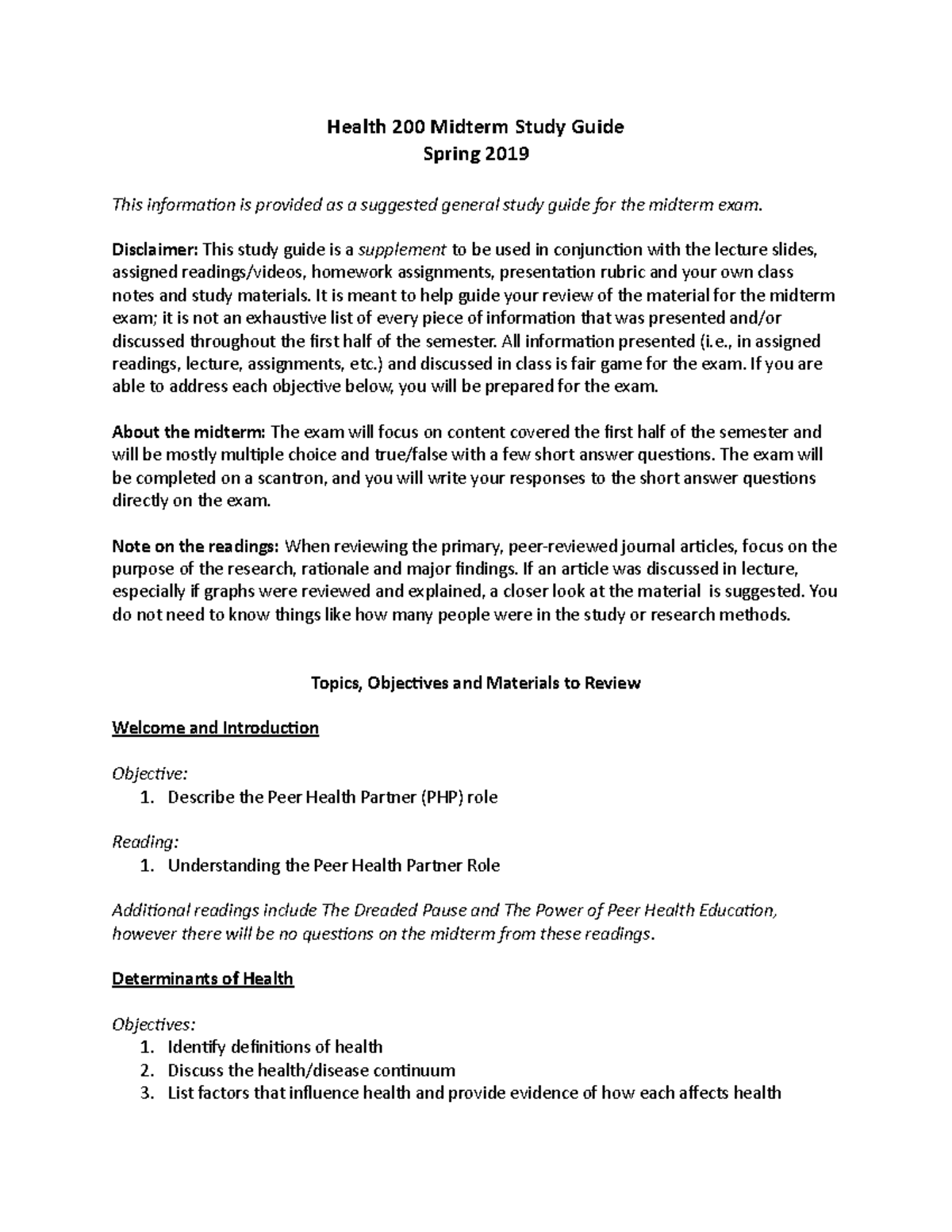 Midterm Study Guide - Health 200 Midterm Study Guide Spring 2019 This ...