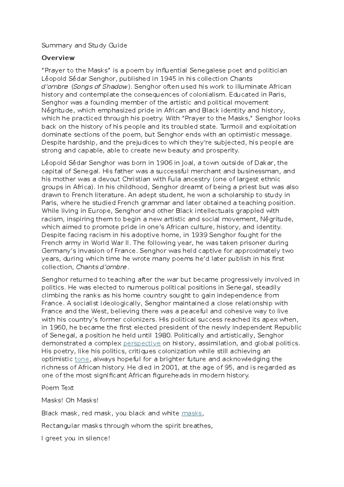 Summary and Study Guide prayer to masks - Summary and Study Guide ...